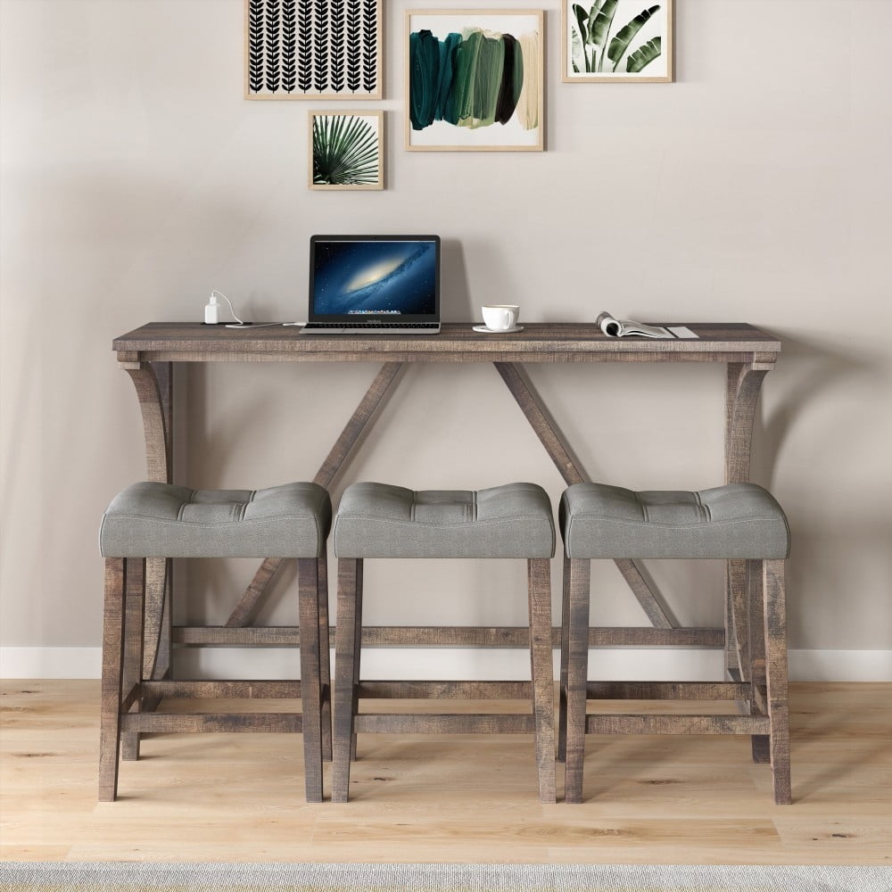 Industrial Bar Table Set with Power Outlet - 4 Piece Dining Set (59"*19 ...