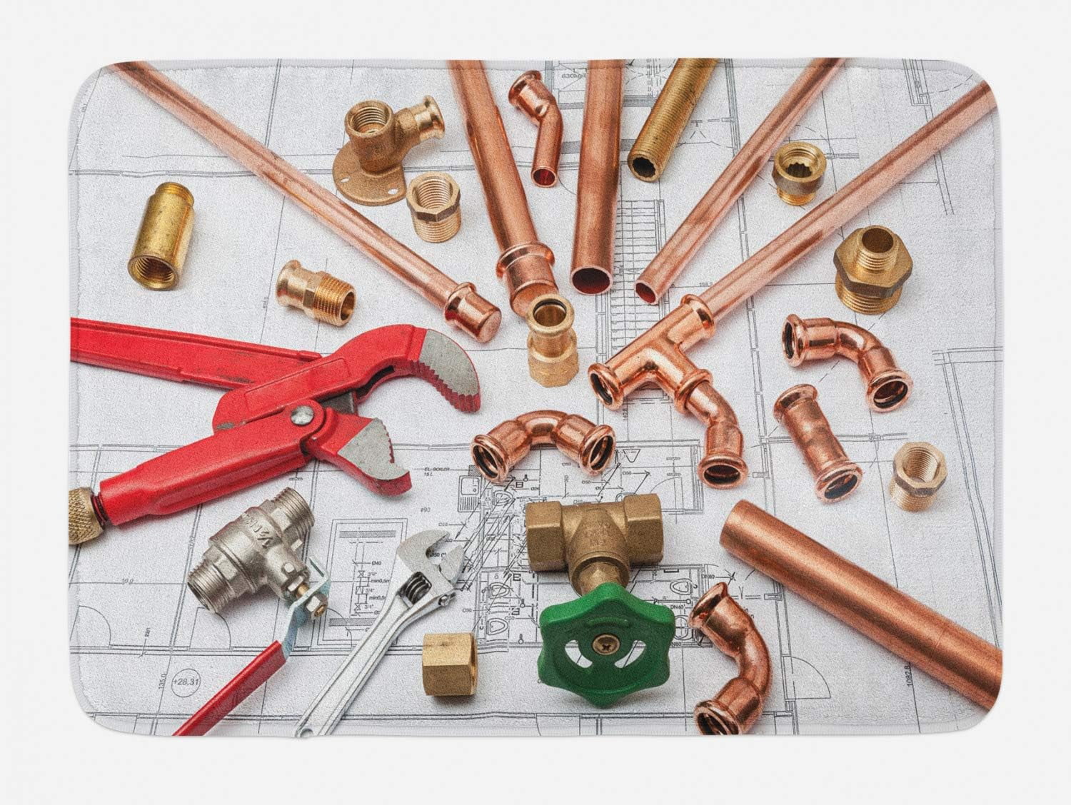 Industrial Bath Mat, Plumbing Tools Wrench Cutter Arranged on House ...