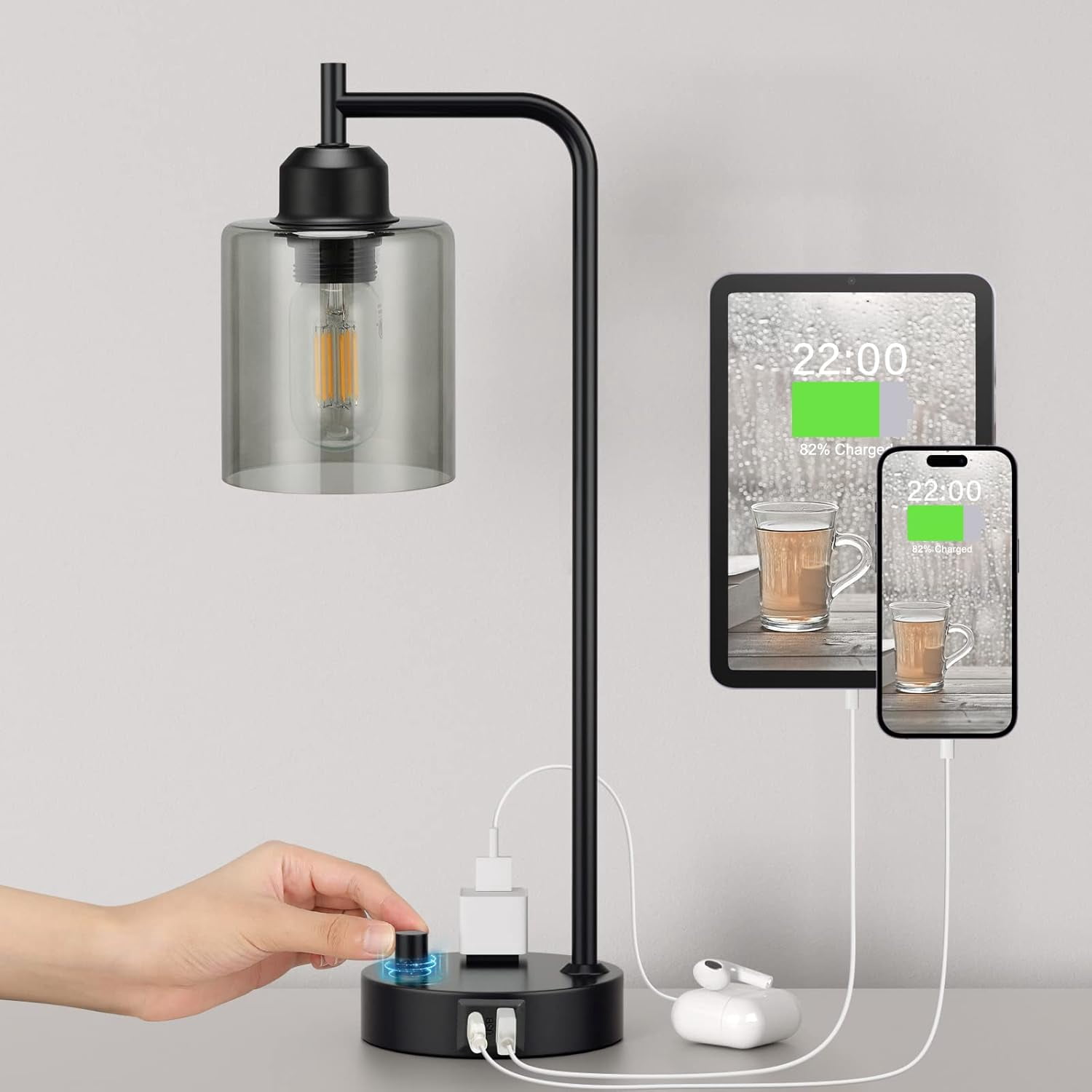 Industrial Bedside Table Lamp for Bedroom - Nightstand Lamps with USB C ...