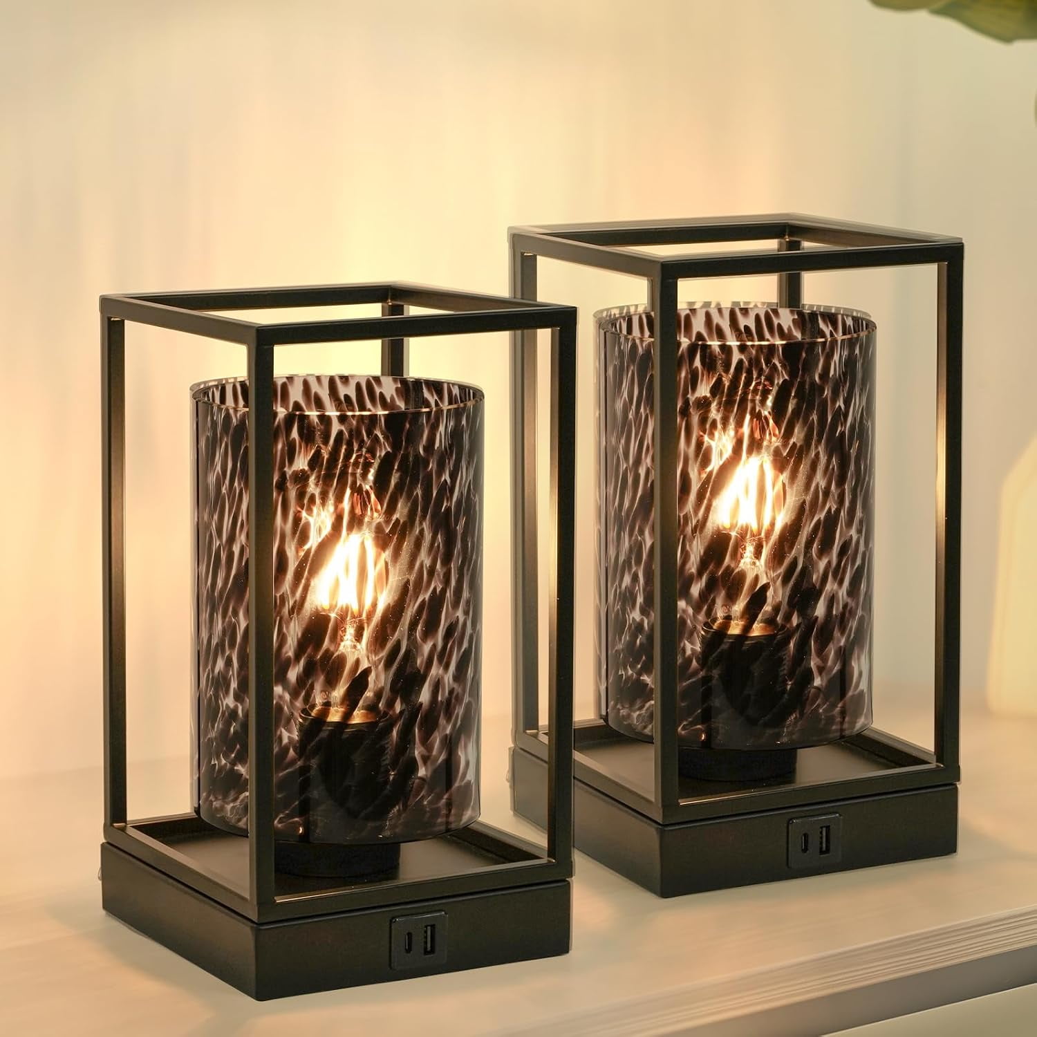 Industrial Bedside Table Lamps Set of 2 - Translucent Glass 3 Way Table ...
