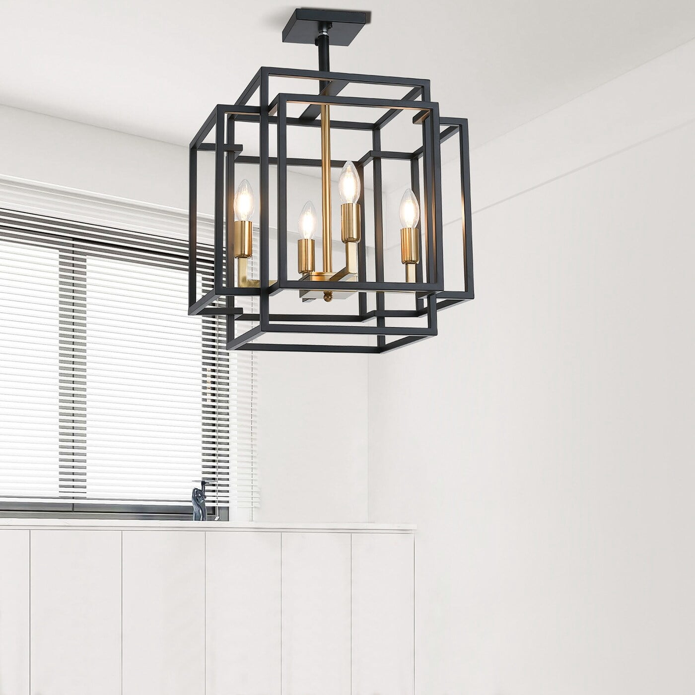 Industrial Black 4-Light Rectangle Iron Frame Semi Flush Mount Lamp ...