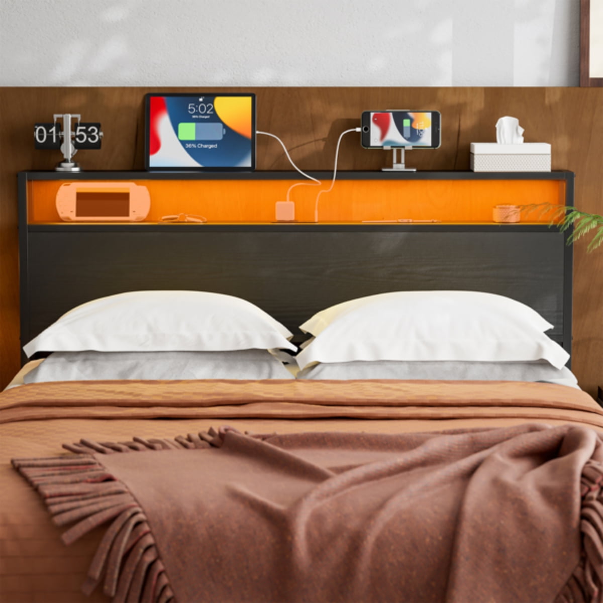 Industrial Black Metal and Brown Wood Full Size Storage Headboard with ...