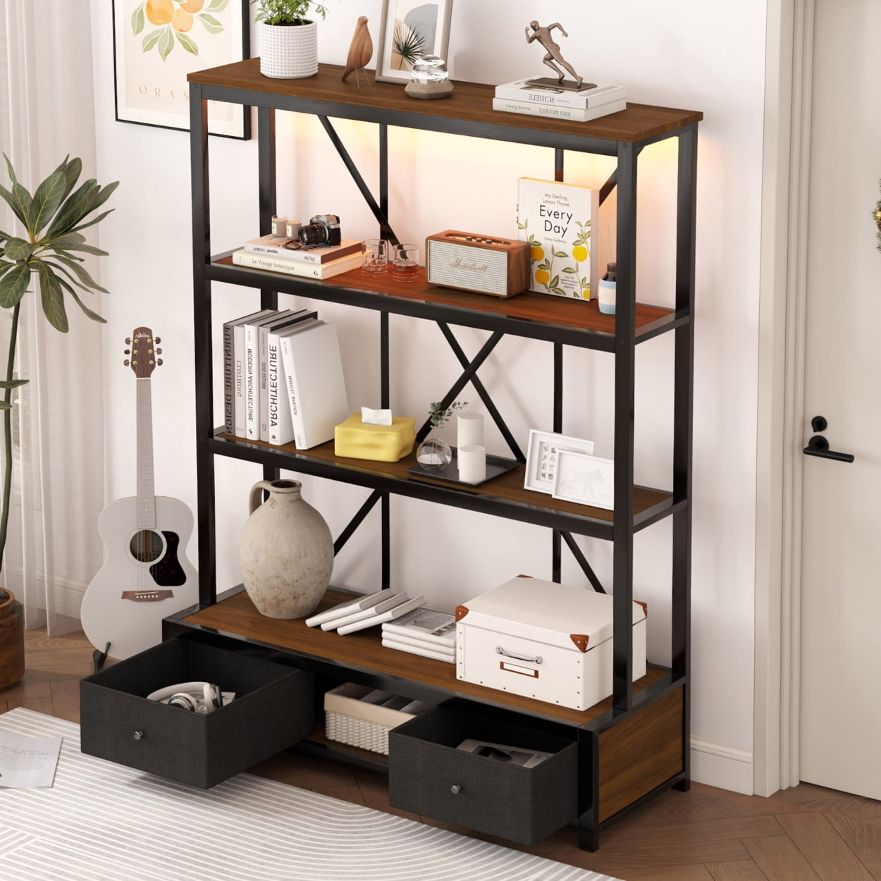 Industrial Bookcase with 2 Drawers, Rustic 4-Tier Open Shelf Storage ...