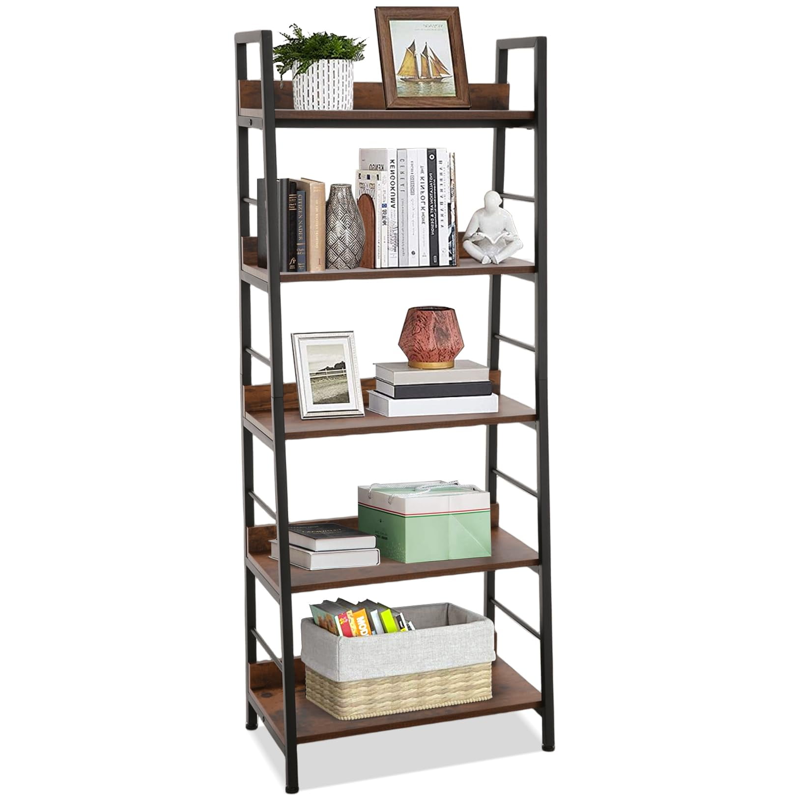 Industrial Bookshelf, 5 Tier Narrow Bookcases Freestanding Storage Rack ...