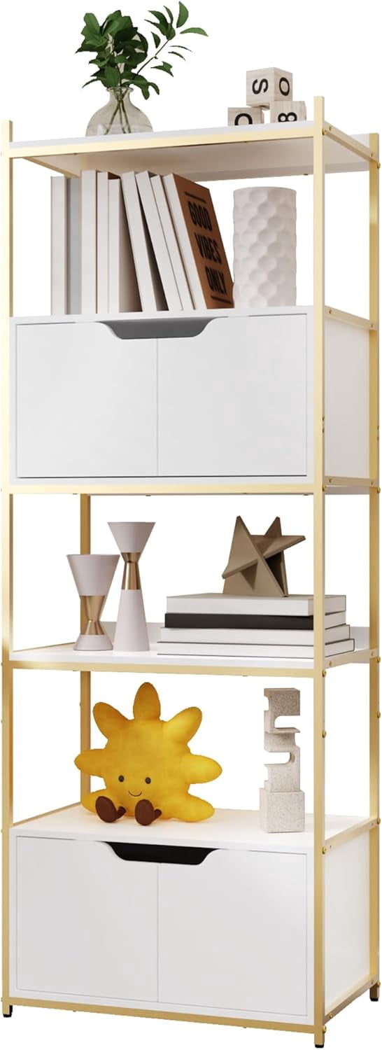 Industrial Bookshelf, Bookcase with 2 Cabinets, 6-Tier Display Book ...