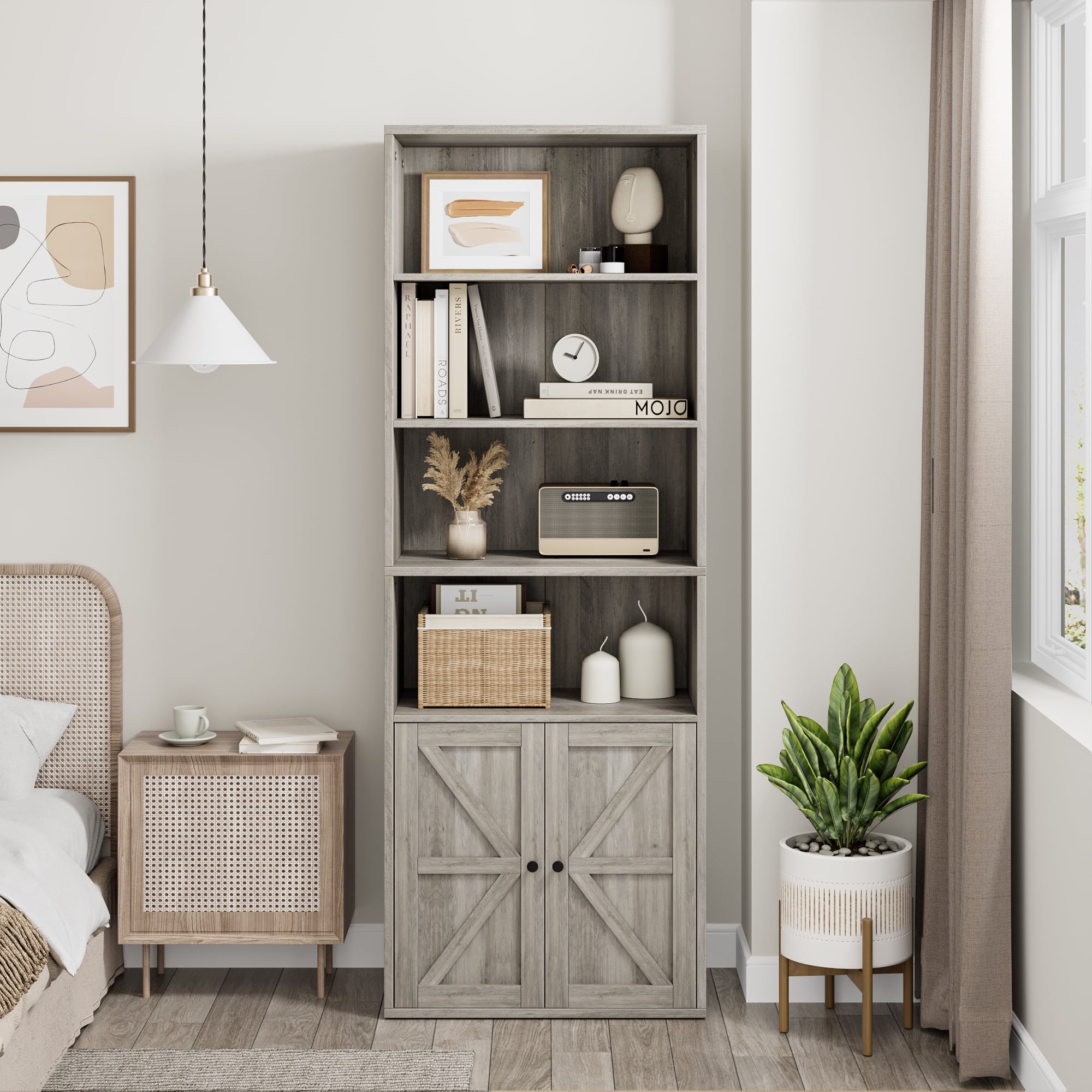 Industrial Bookshelf and Floor Standing Bookcase with Doors, Display ...