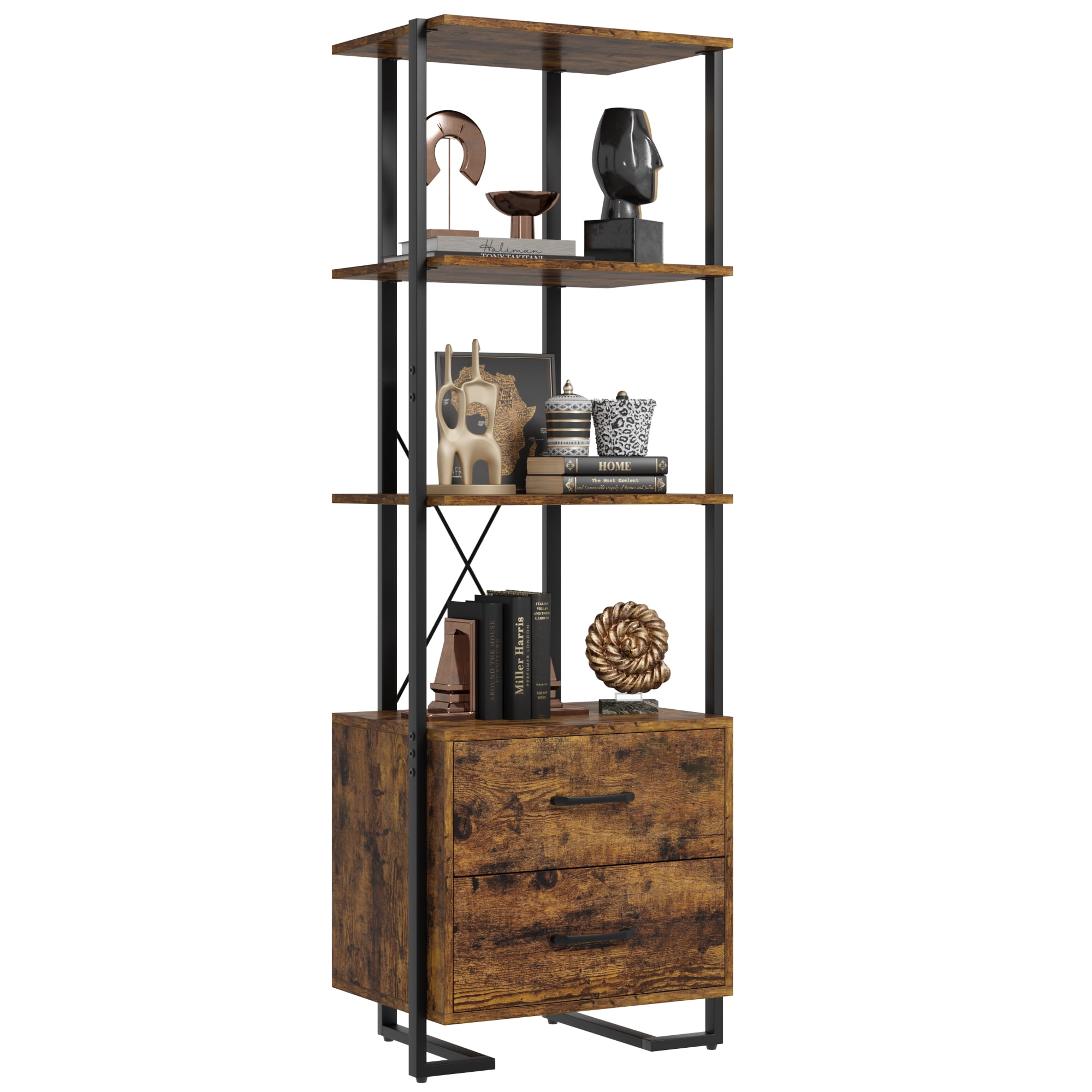 Industrial Bookshelf with Storage Drawers Large Open Display Shelf Tall ...