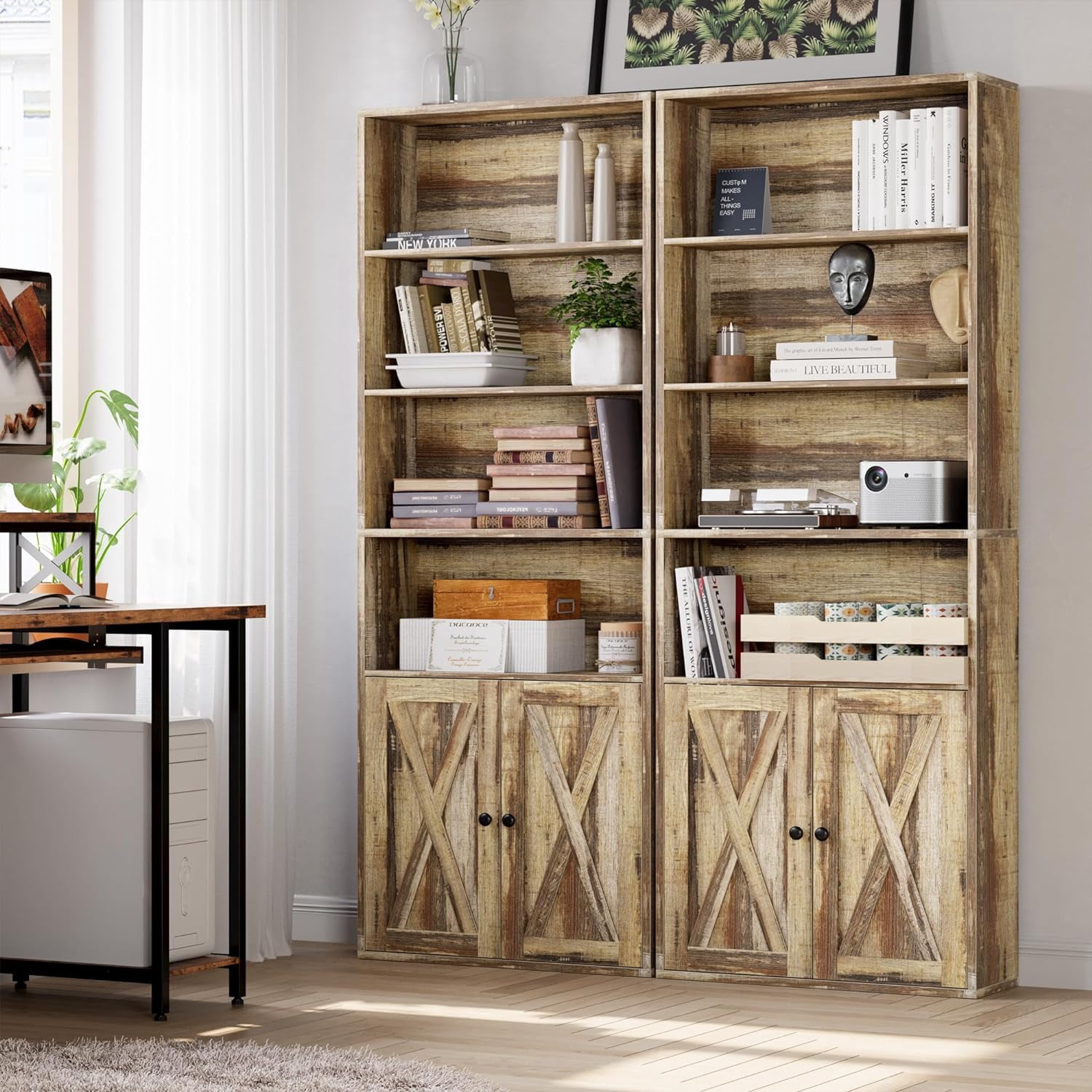 Industrial Bookshelves and Bookcases with Doors Set of 2 Floor Standing ...