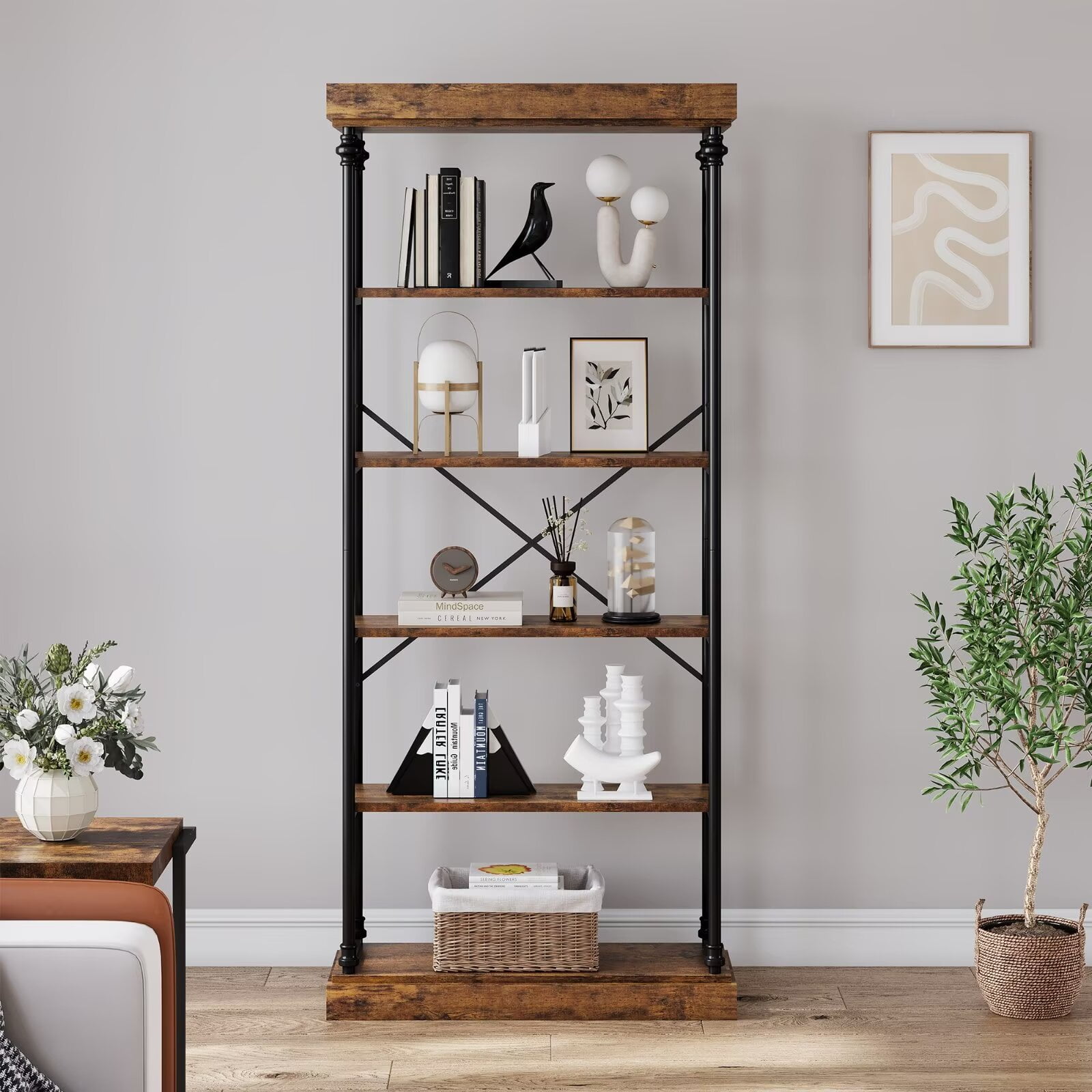 Industrial Bookshelves, Wood Pipe Bookshelf, 6 Shelf Rustic Display ...