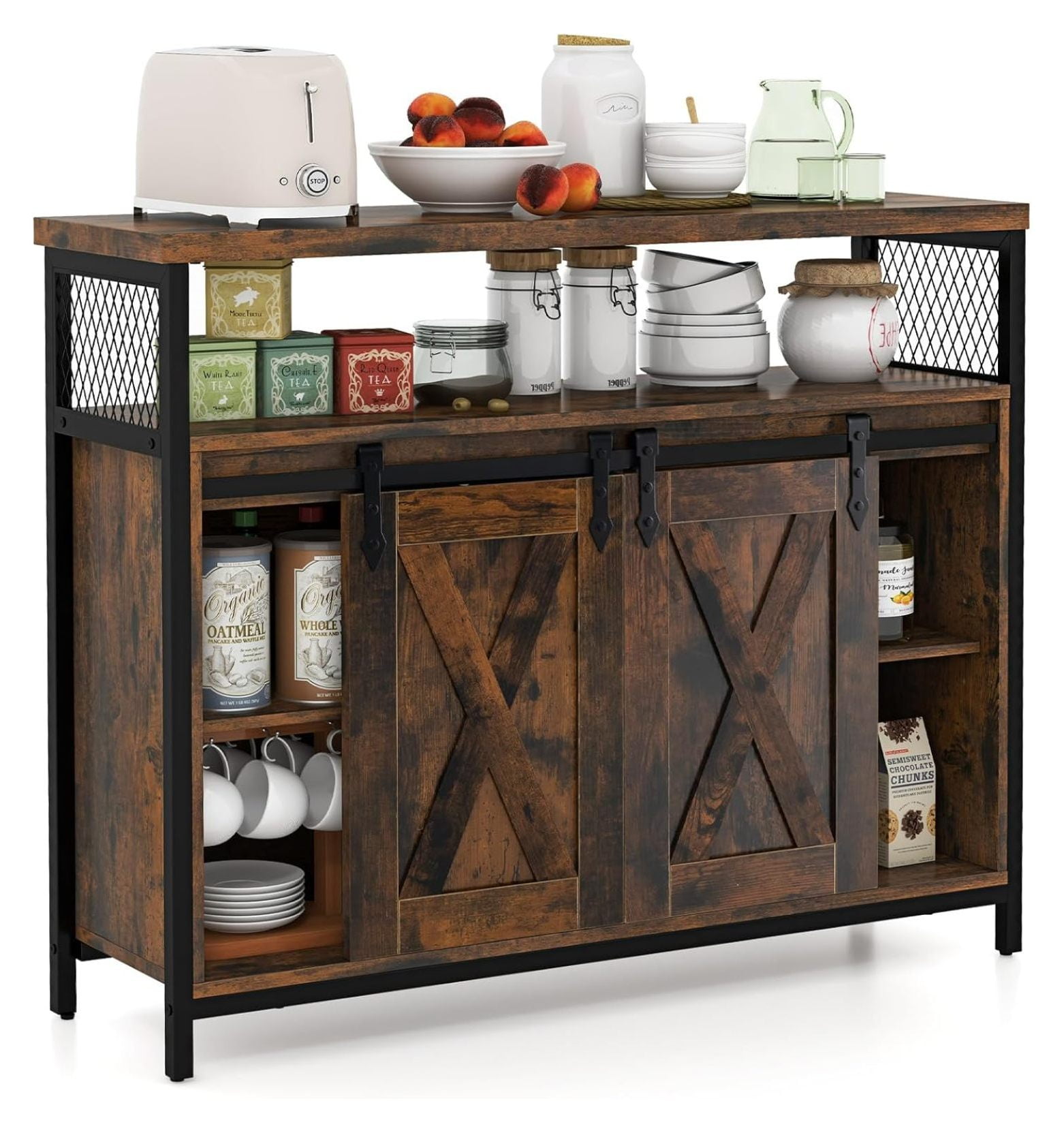 Industrial Buffet Sideboard Cabinet, Farmhouse Coffee Bar Cabinet with Sliding Barn Door, Buffet ...