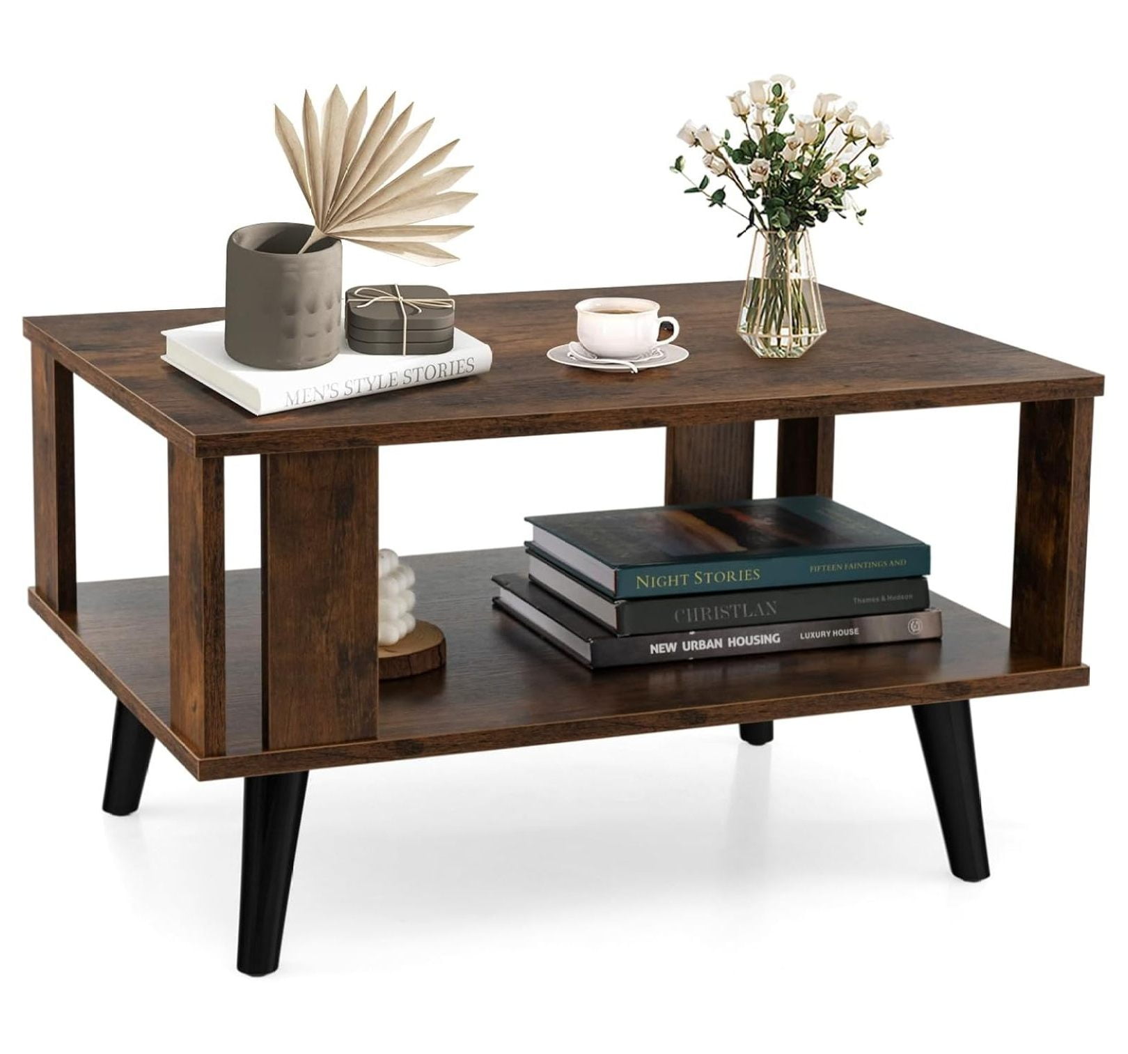 Industrial Coffee Table, 2-Tier Center Table with Large & Open Shelf ...