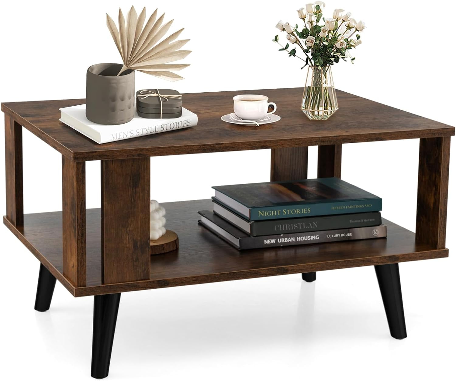 Industrial Coffee Table, 2-Tier Center Table with Large Tabletop & Open ...