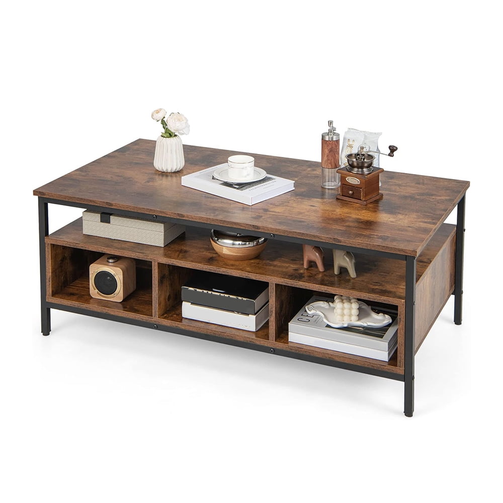 Industrial Coffee Table, 43” Wood Accent Table with 6 Storage Cubbies ...