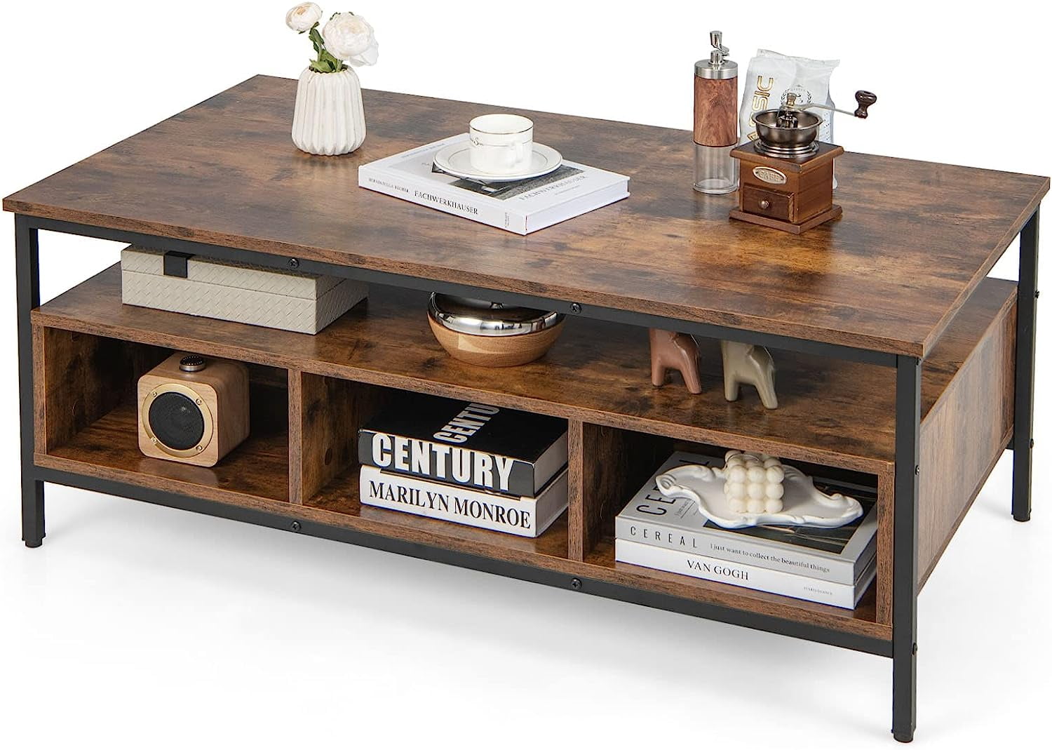 Industrial Coffee Table, 43” Wood Accent Tea Table with Open Shelf & 6 ...