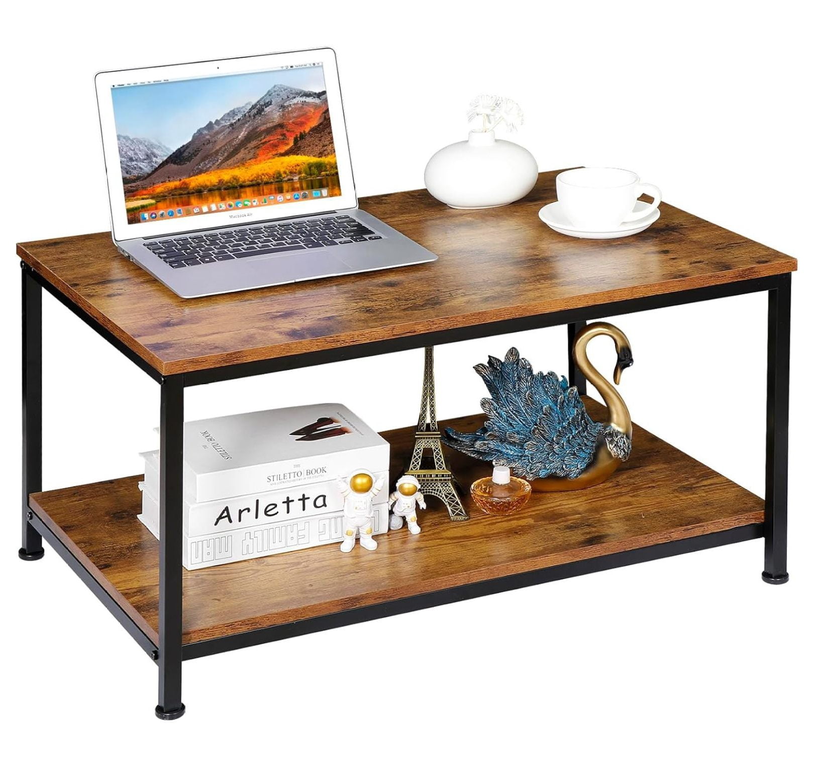 Industrial Coffee Table with Storage Shelf for Living Room, Wood Look ...