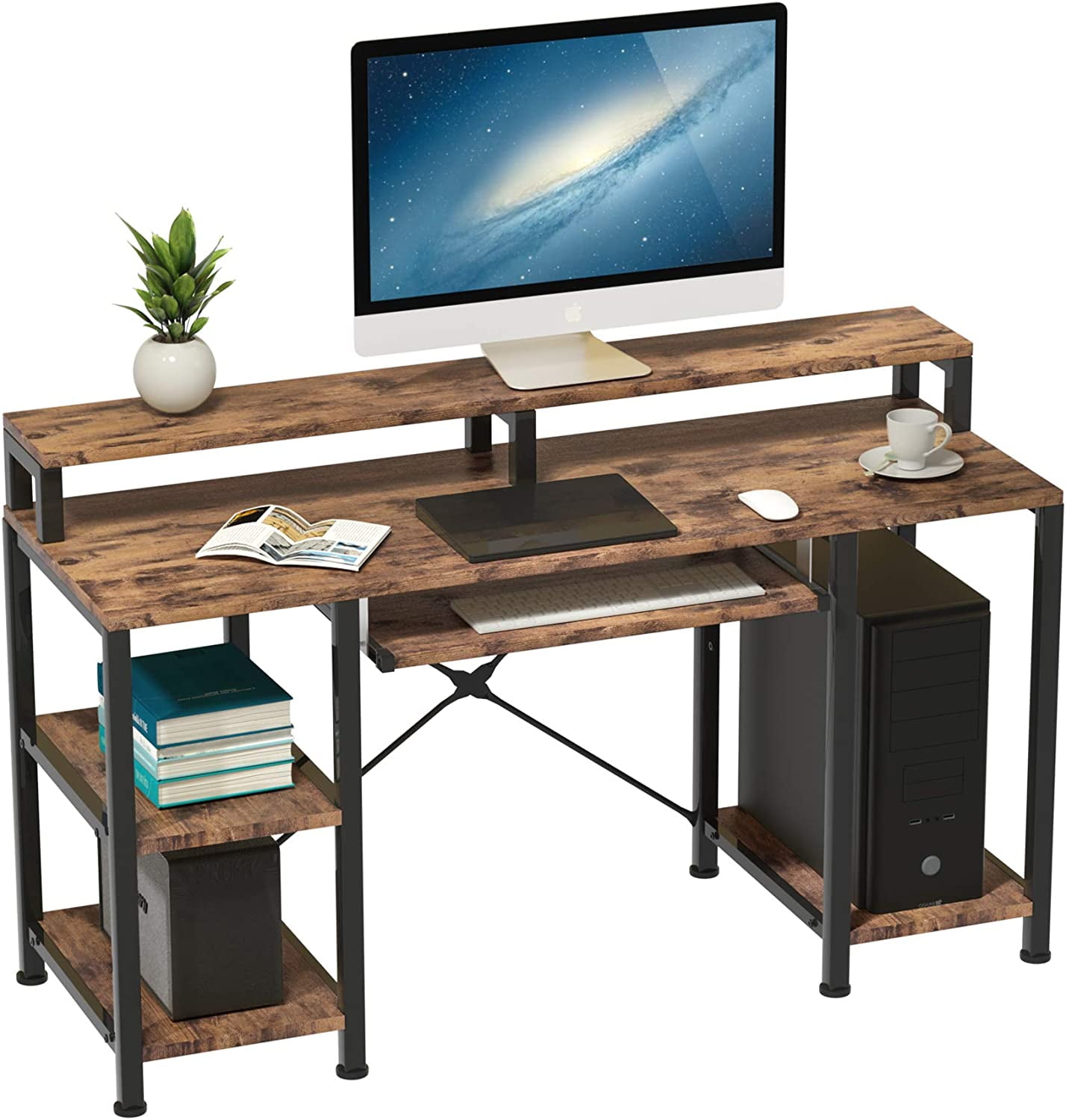 Industrial Computer Desk With Storage Shelves Keyboard Tray Monitor