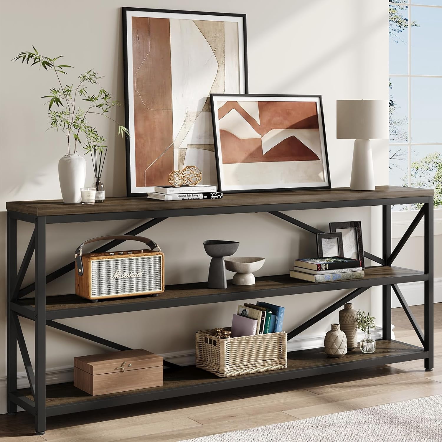 Industrial Console Sofa Table,70.8" Extra Long Entryway Table with 3 ...