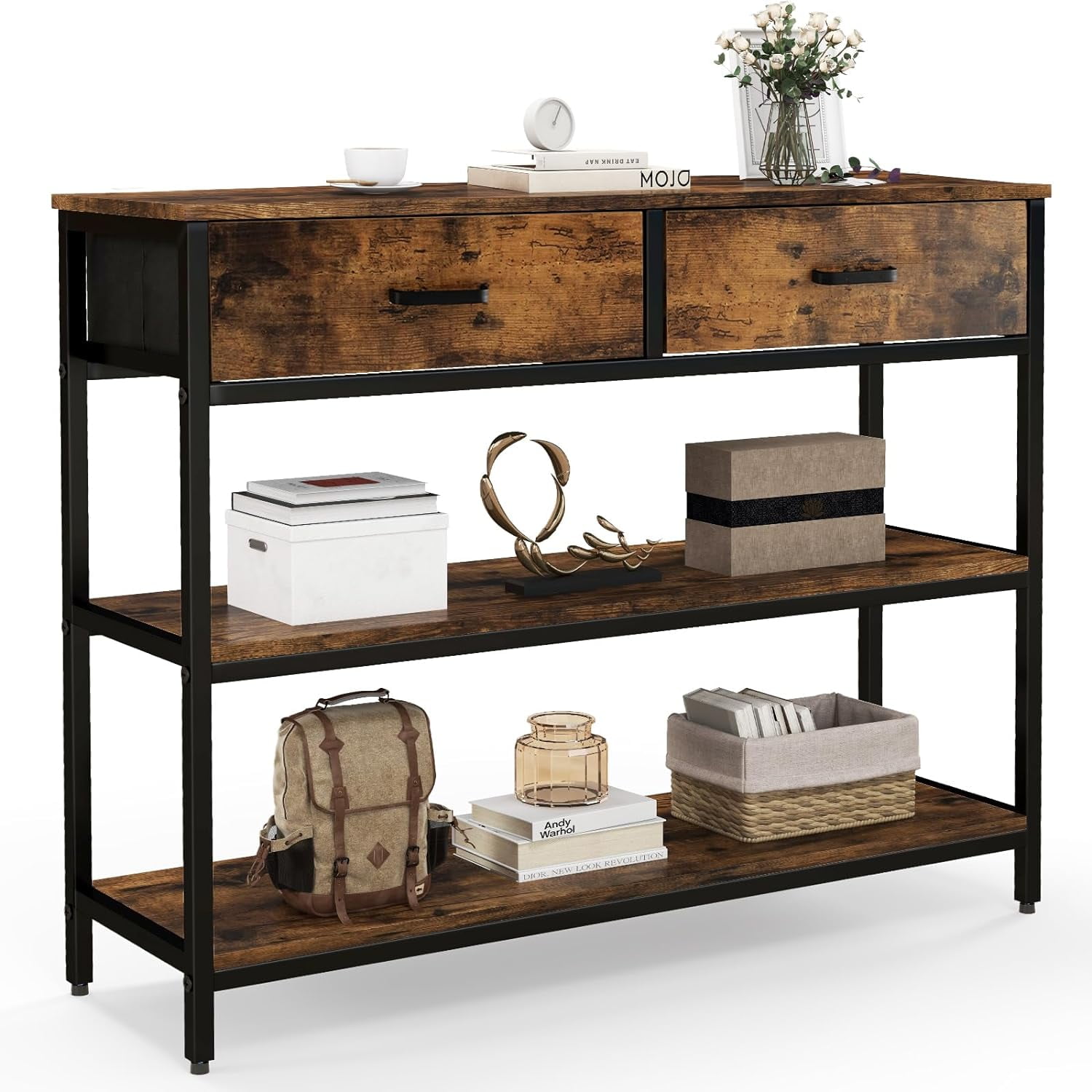 **industrial console table with 2 folding drawers, narrow sofa table ...