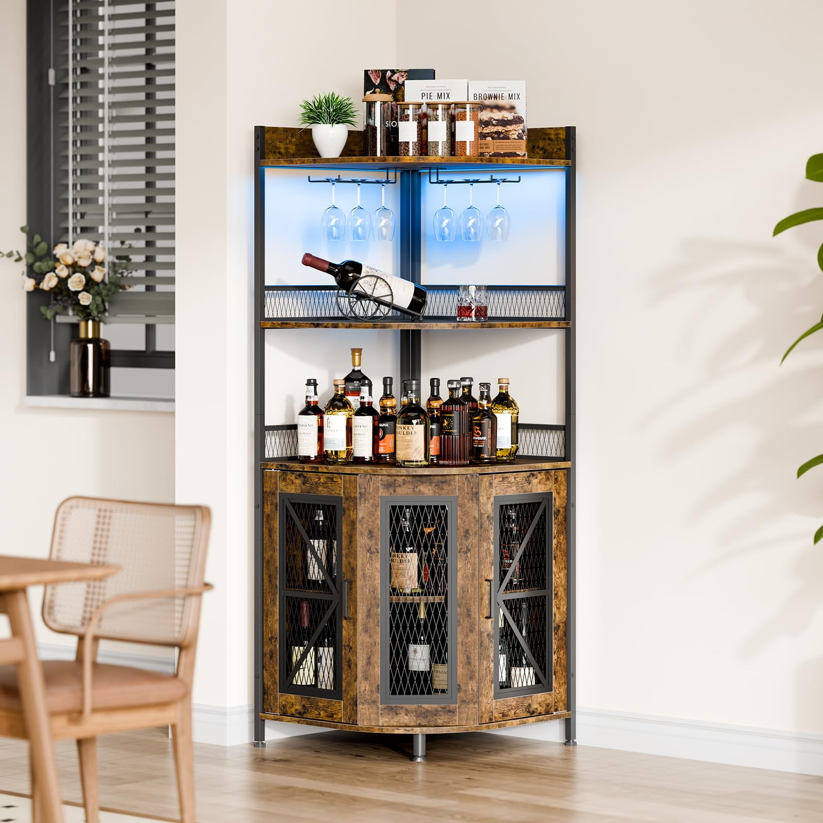 Industrial Corner Bar Cabinet with Power Outlet, 5-Tiers Wine Cabinet ...