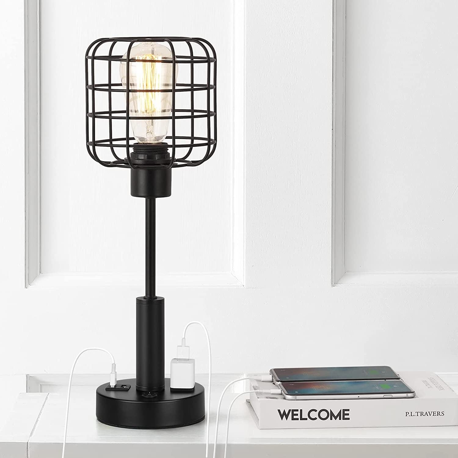 Modern Industrial Desk Lamp with USB Ports, AC Socket, Corded Office ...