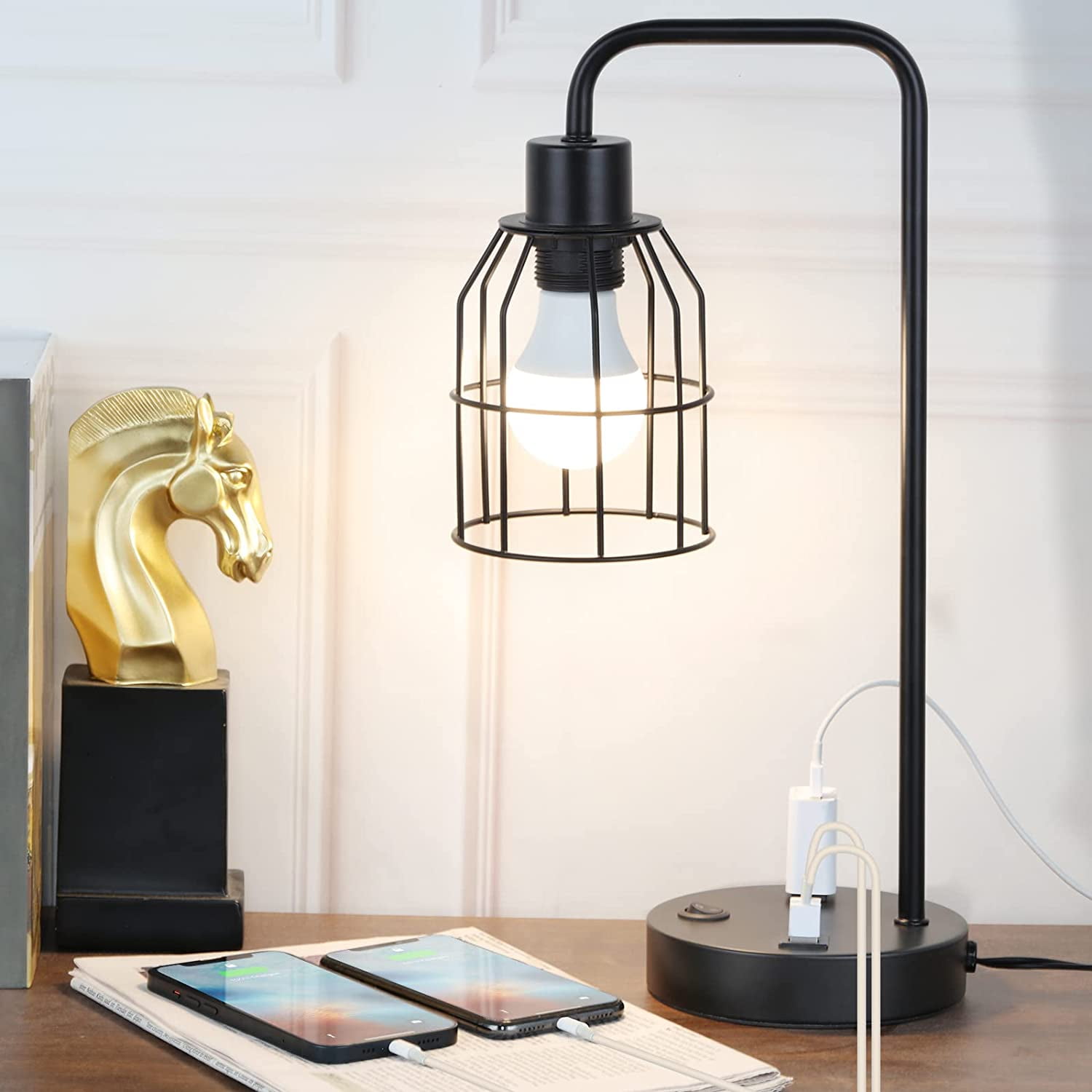 OLOV Industrial Desk Lamp, AC Outlet, LED Bulb Included, USB Ports ...