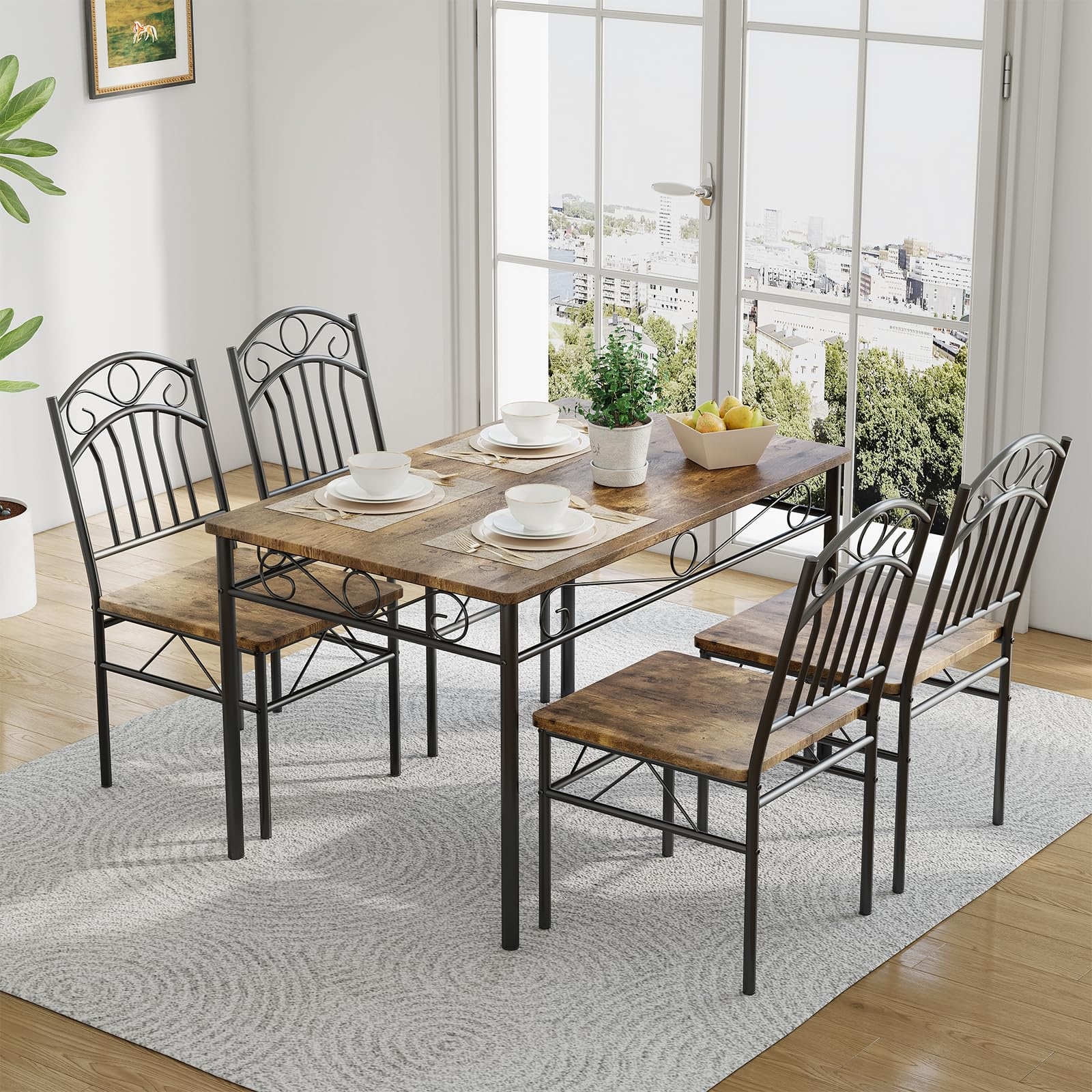 Industrial Dining Table Set for 4, 5-Piece Retro Dining Table Set with ...