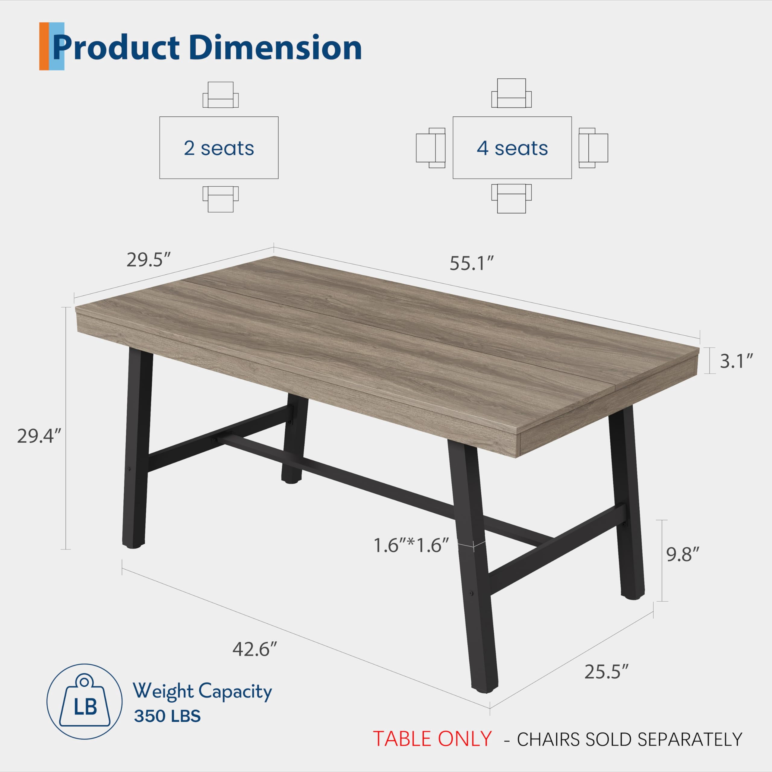 Industrial Dining Table for 6-8 People, Long Wooden Kitchen Table with ...