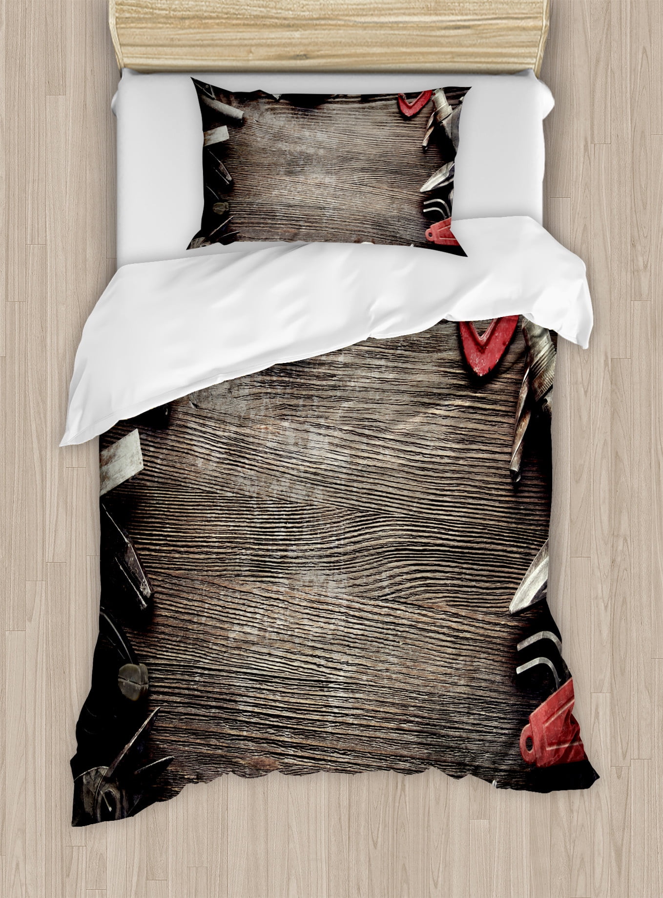 Industrial Duvet Cover Set, Grungy Tools on a Wooden Board Manual ...