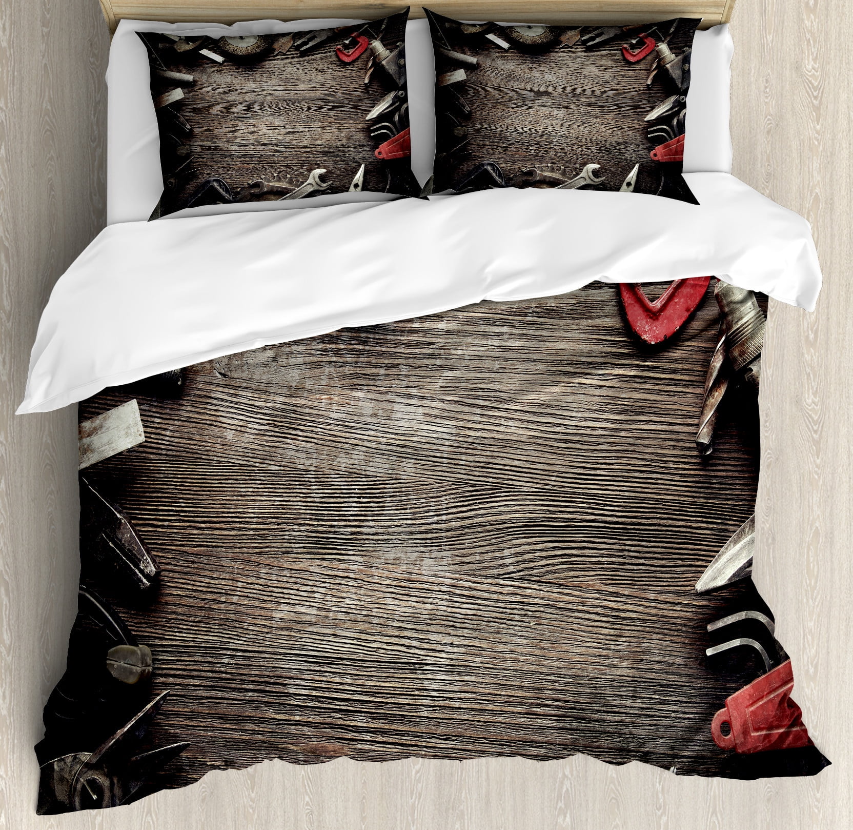 Industrial Duvet Cover Set, Grungy Tools on a Wooden Board Manual ...