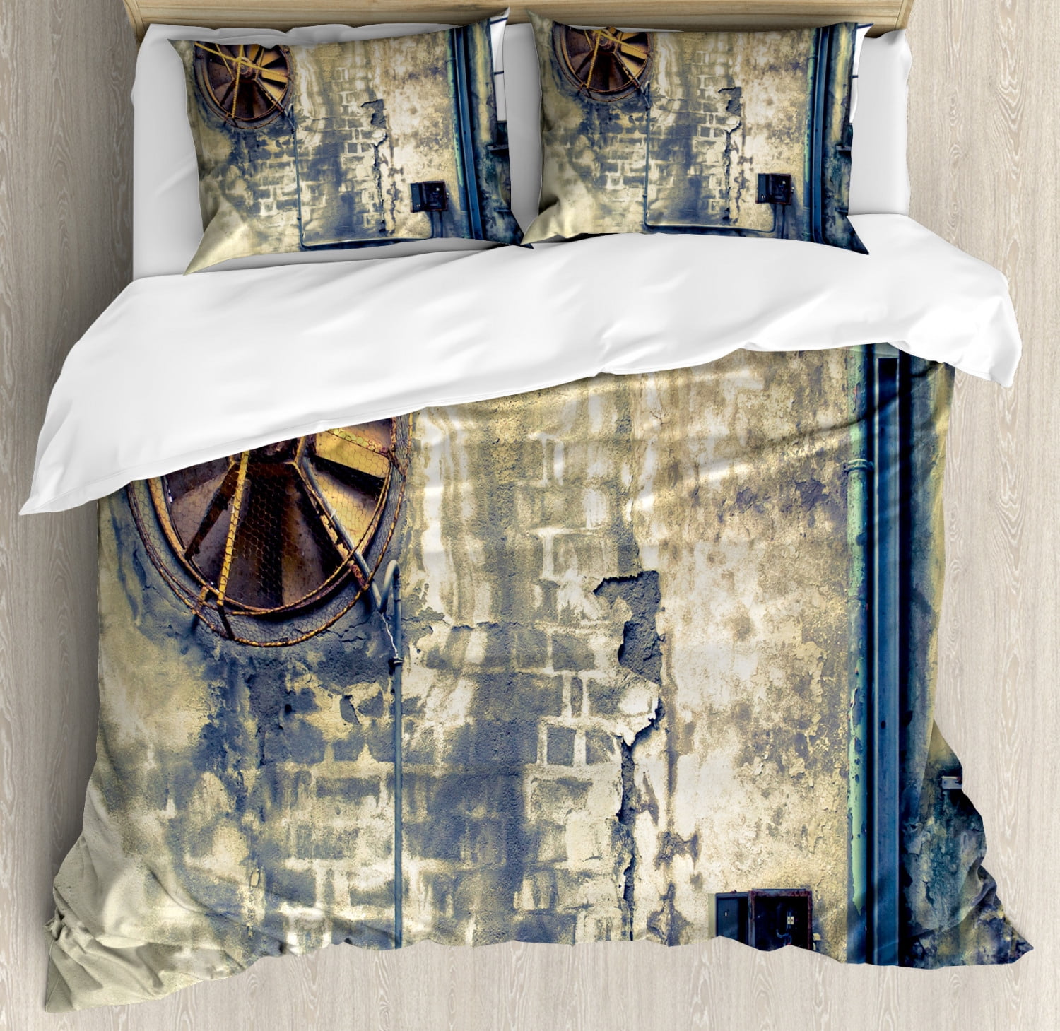 Industrial Duvet Cover Set Queen Size, Damaged Wrecked Wall Image ...
