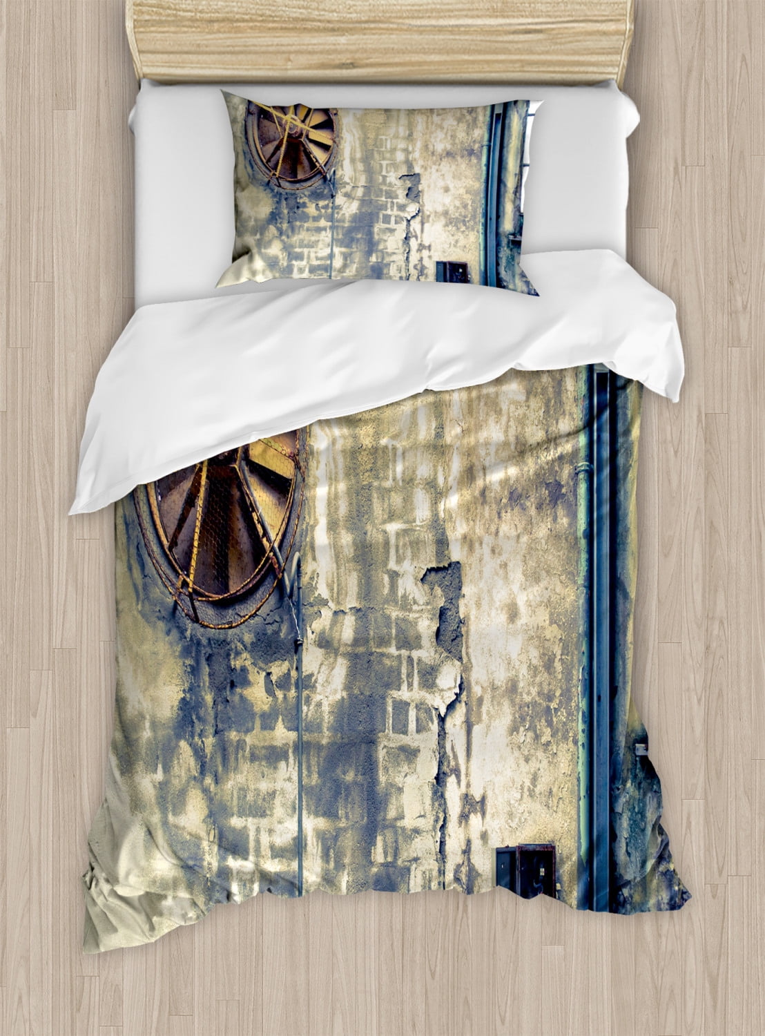 Industrial Duvet Cover Set Twin Size, Damaged Wrecked Wall Image ...