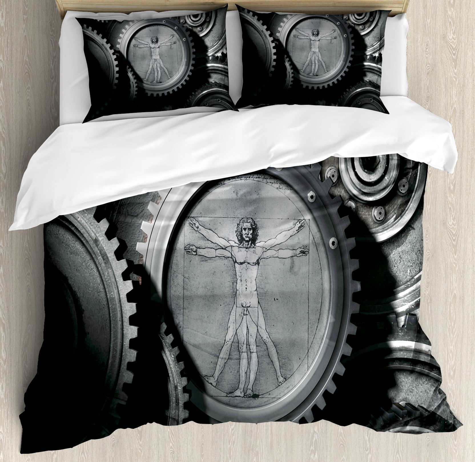 Industrial Duvet Cover Set, Wheels of System with Medieval Old Human ...