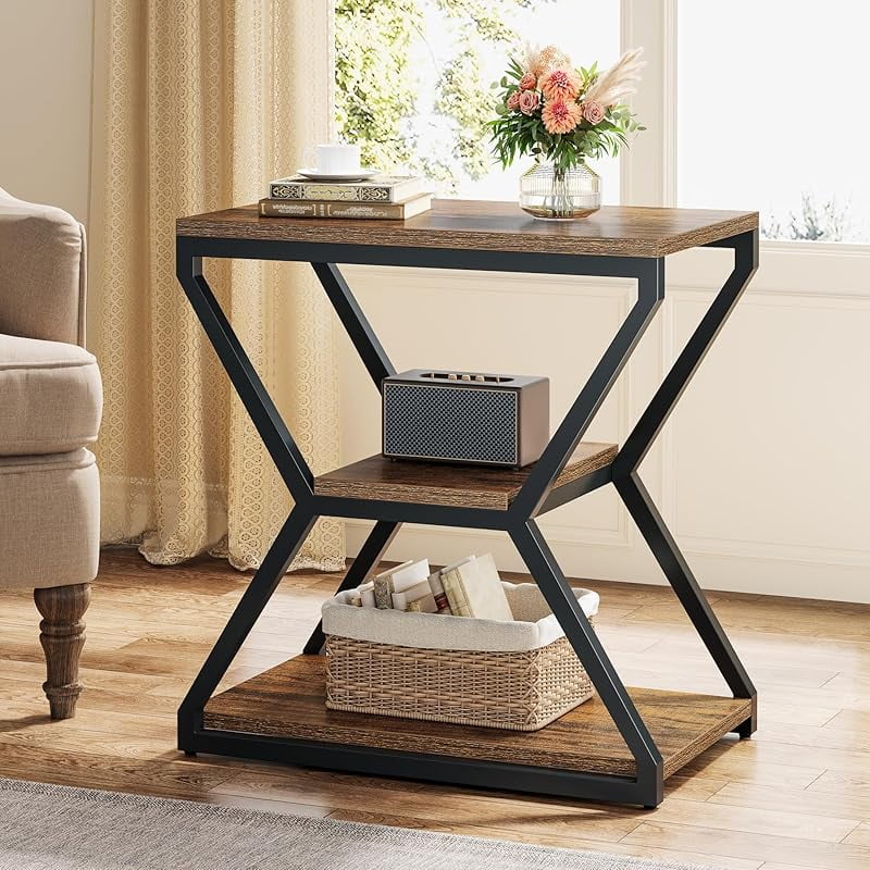 Industrial End Side Table with Storage Shelves, Small 3-Tier Sofa Table ...