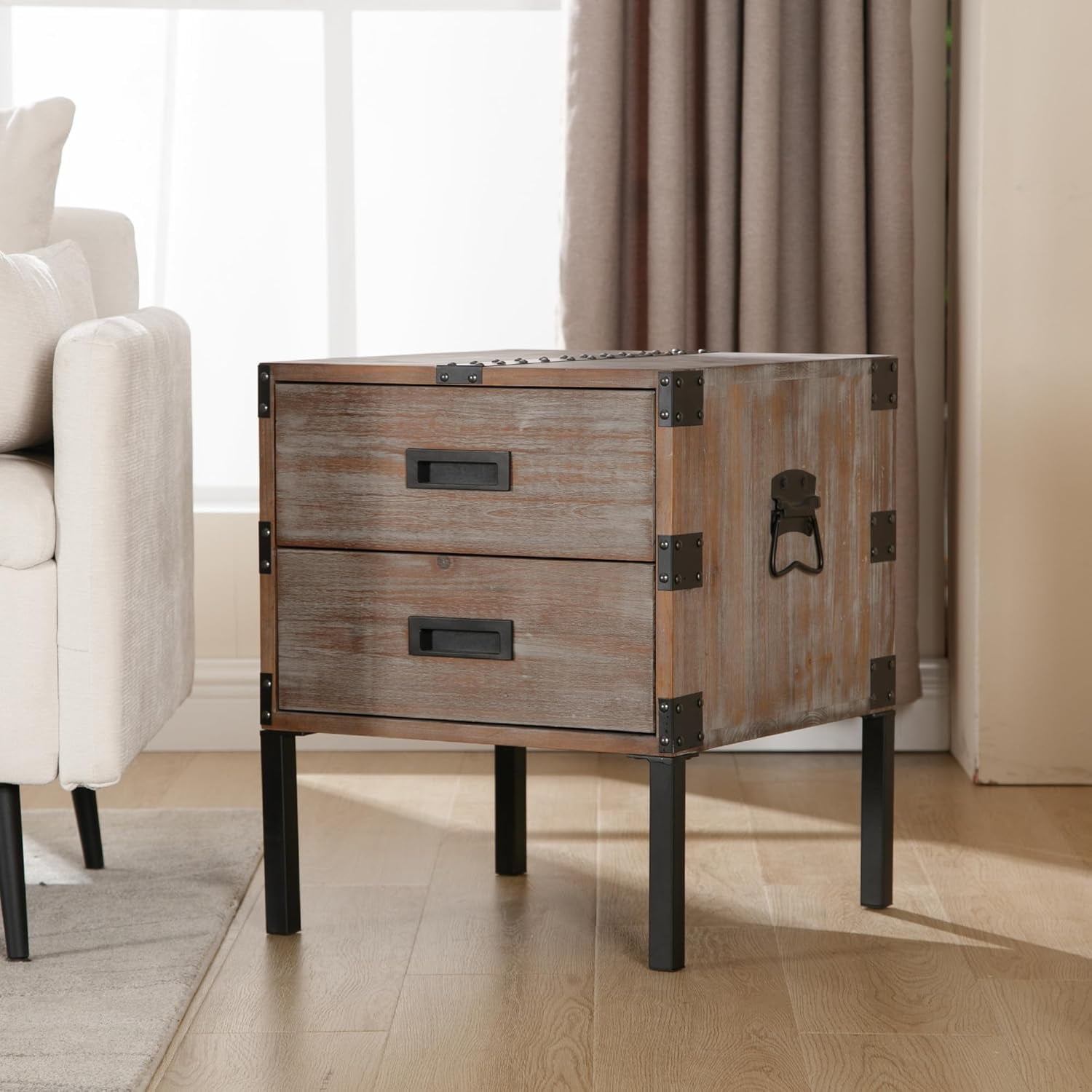 Industrial End Table with Drawers, Wood Farmhouse Industrial Narrow ...