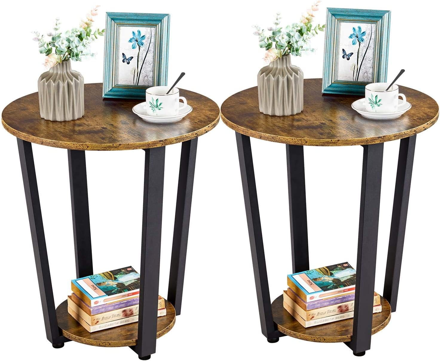 Industrial End Table for Living Room Set of 2, Round Side Table with 2 ...