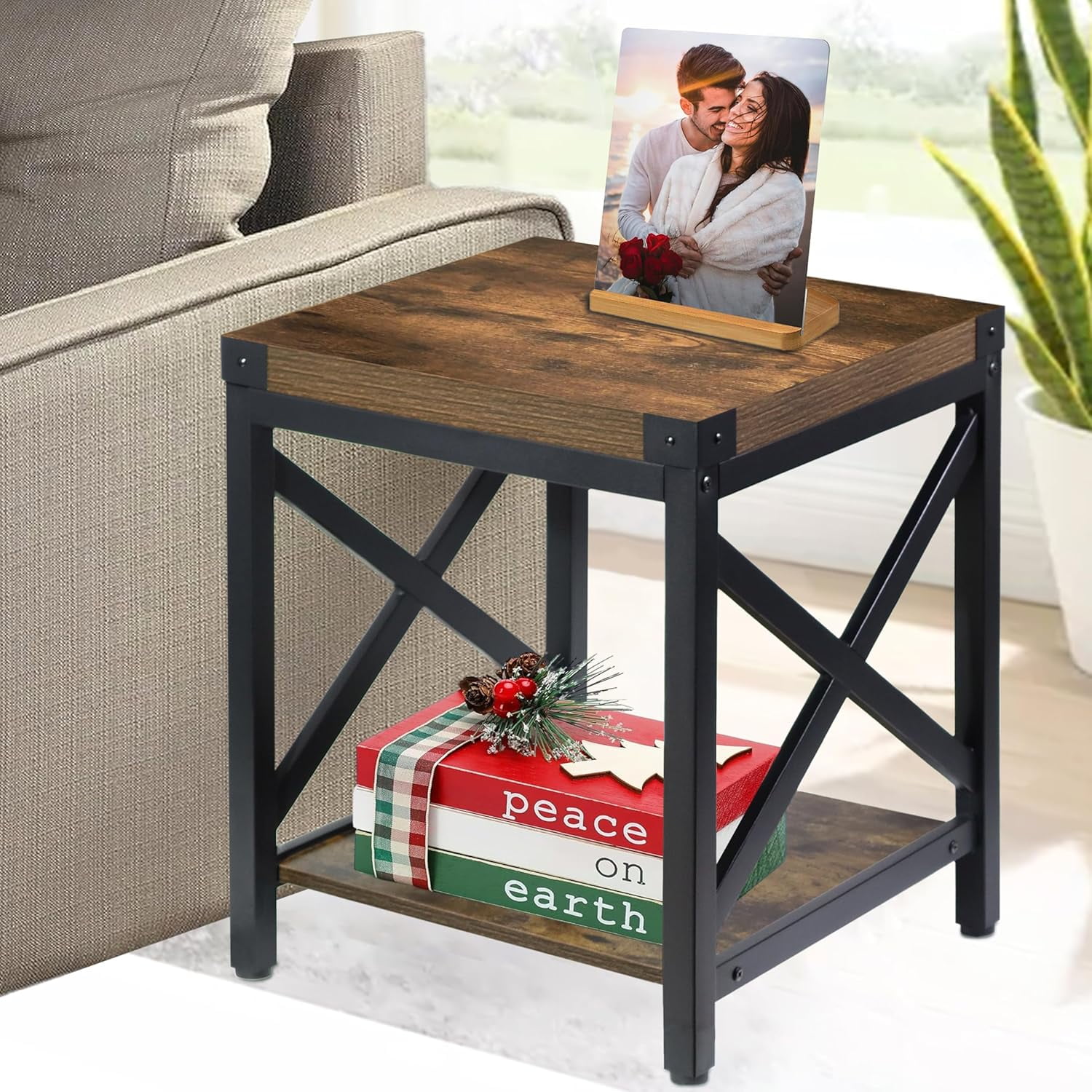 Industrial End Table, Small Side Table for Living Room, Rustic ...