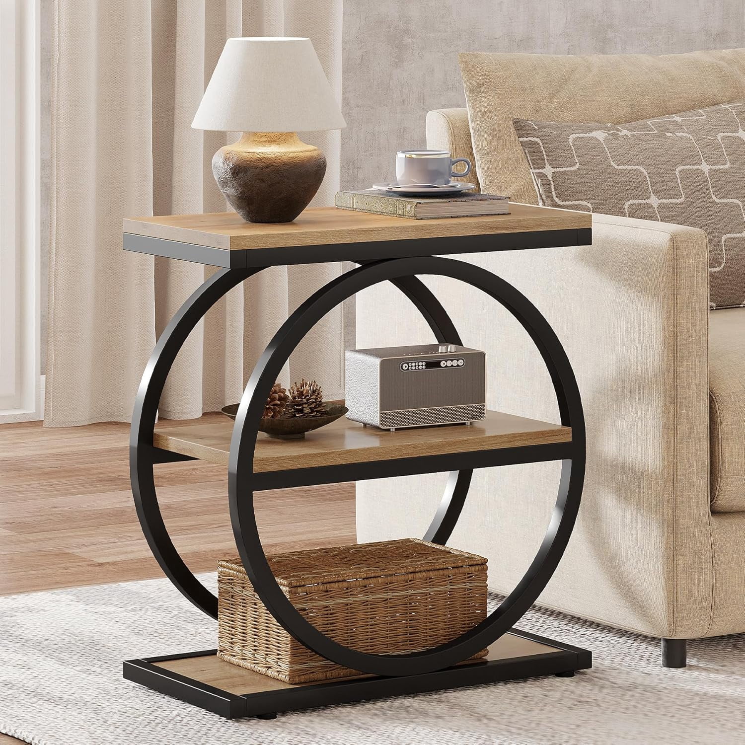 Industrial End Table with 3-Tier Storage Shelves, Slim Wooden Sofa Side ...