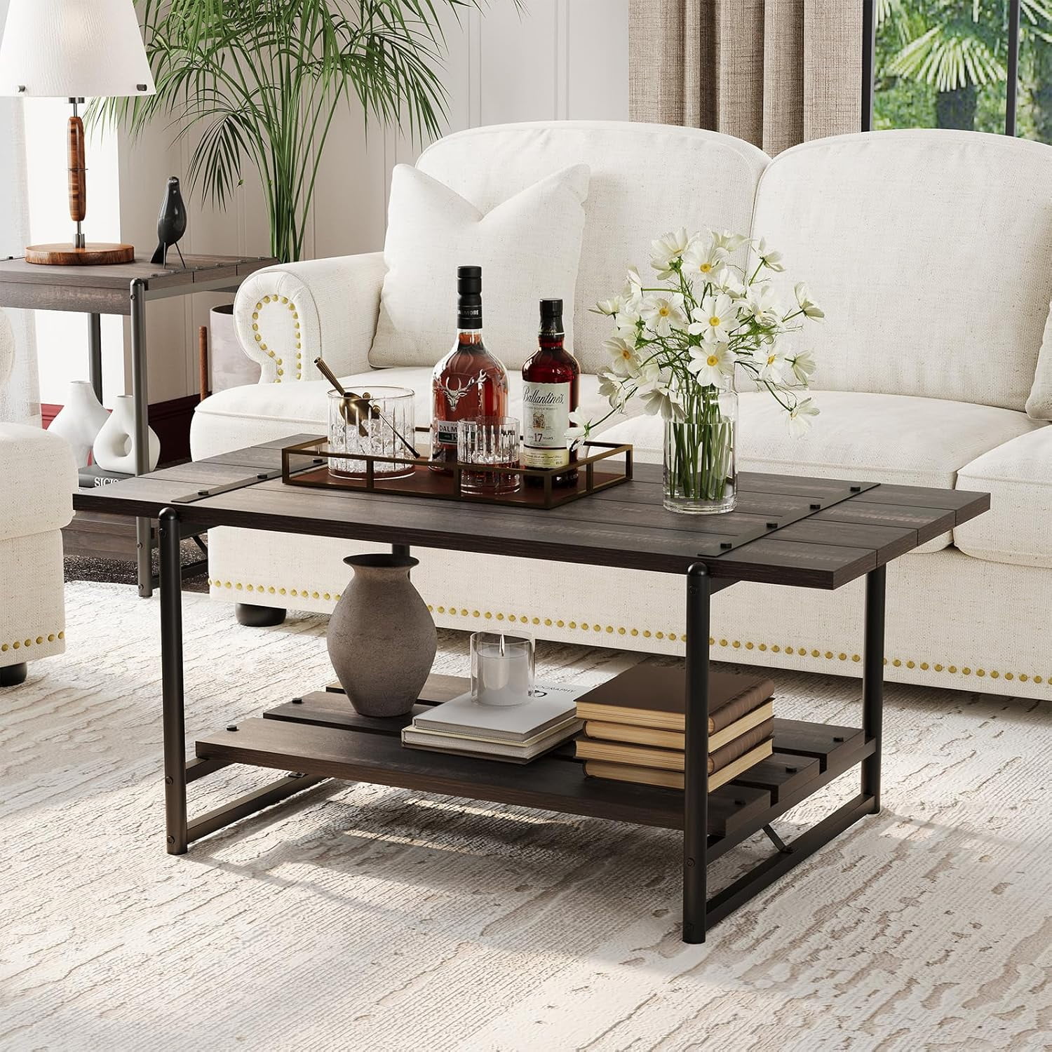 Industrial Farmhouse Coffee Table with Storage, 41" Rustic Wood & Metal ...