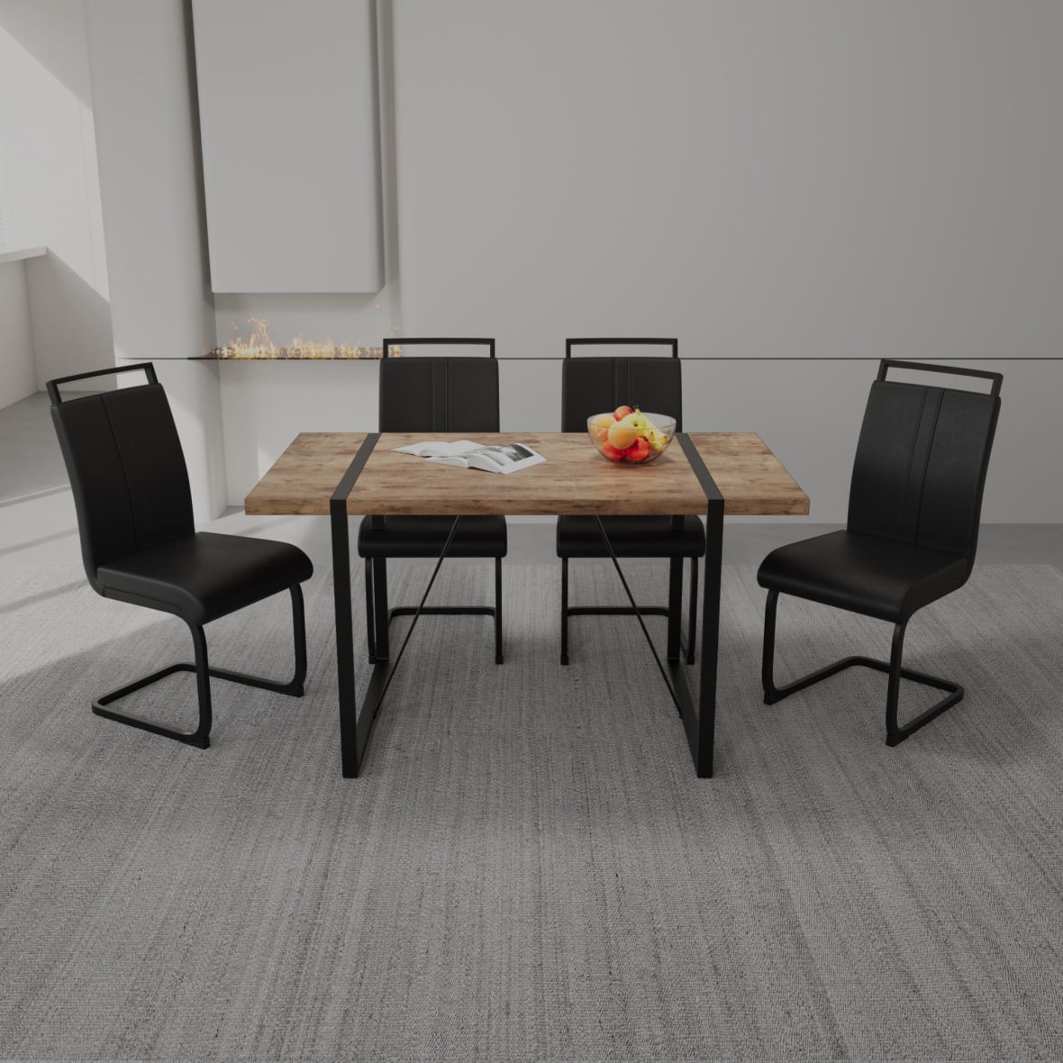 Industrial Farmhouse Dining Table Set with 4 Ergonomic High-Back Chairs ...