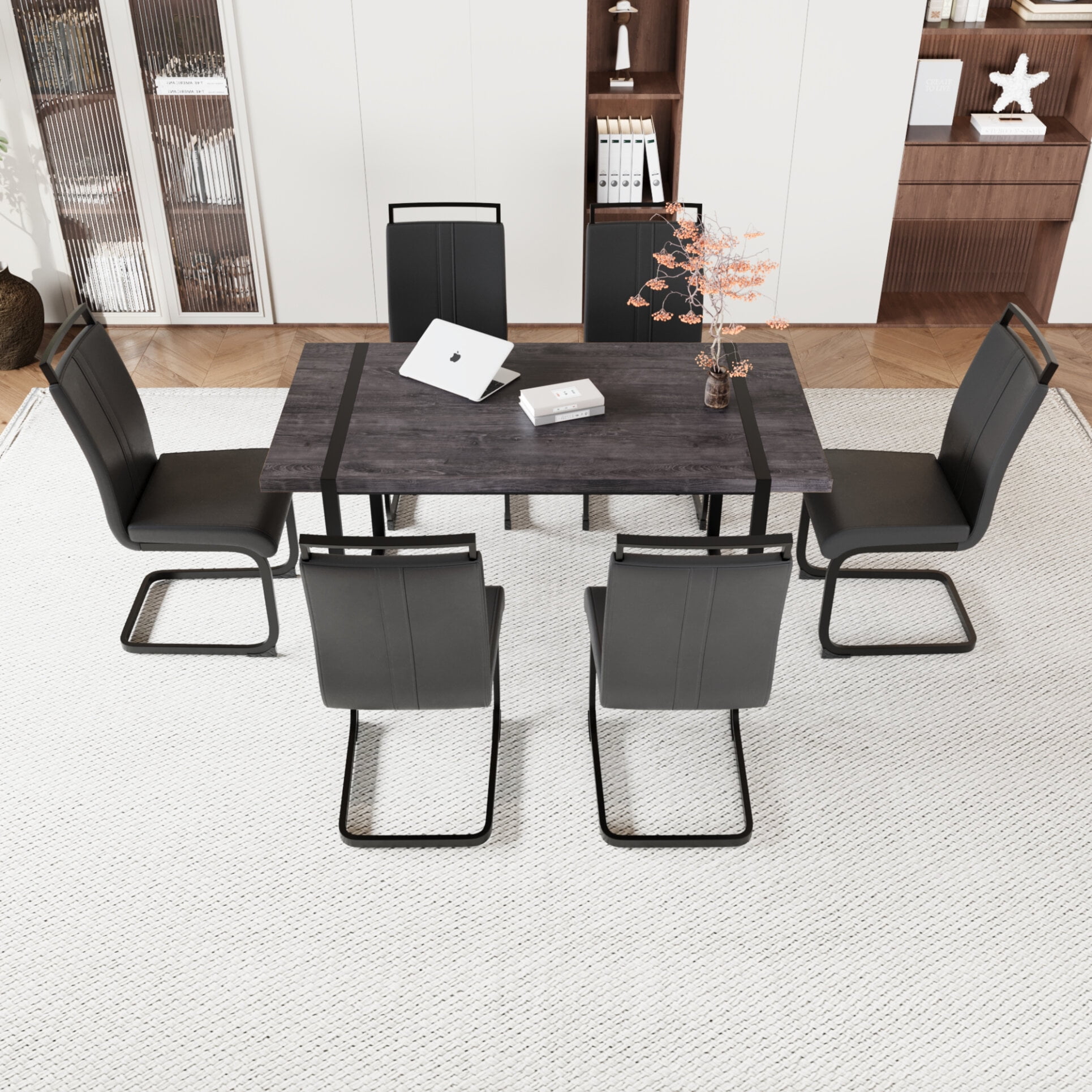 Industrial Farmhouse Dining Table Set with PU Armless Chairs, 6-Piece ...