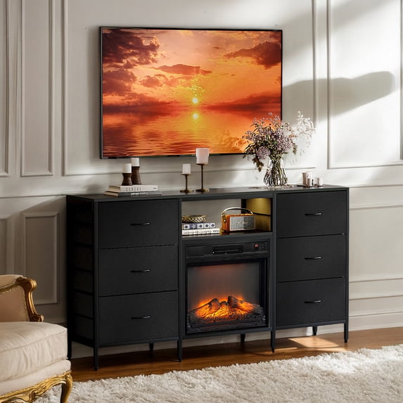 Industrial Fireplace TV Stand for 18 Inch Insert with 6 Fabric Drawers ...