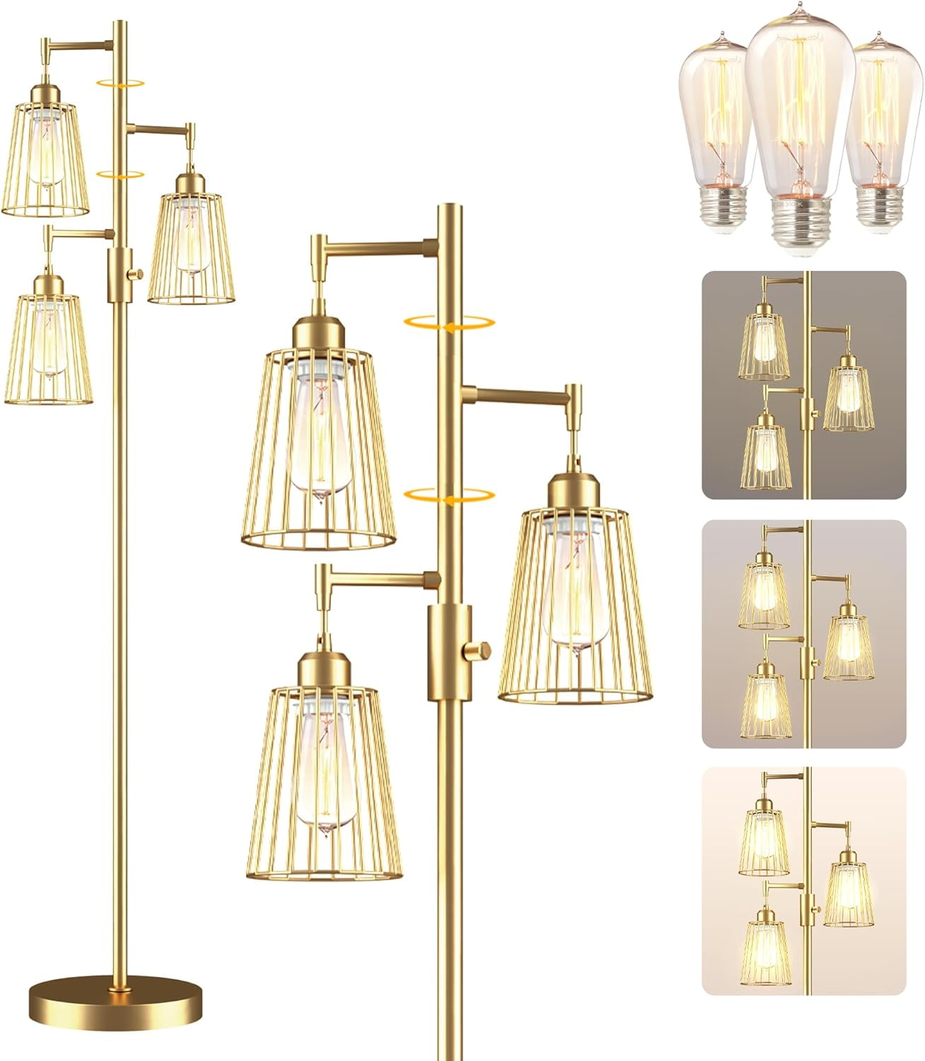 Industrial Floor Lamp, 3 x 1200LM Edison LED Bulbs Included, Bright 3 ...