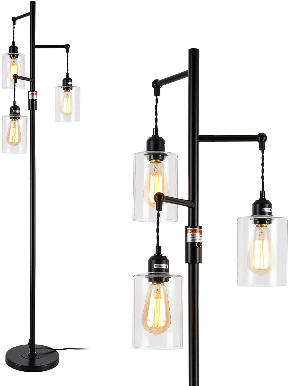 Industrial Floor Lamp with On/Off Dimmable Switch, 3-Head Rustic Tree ...