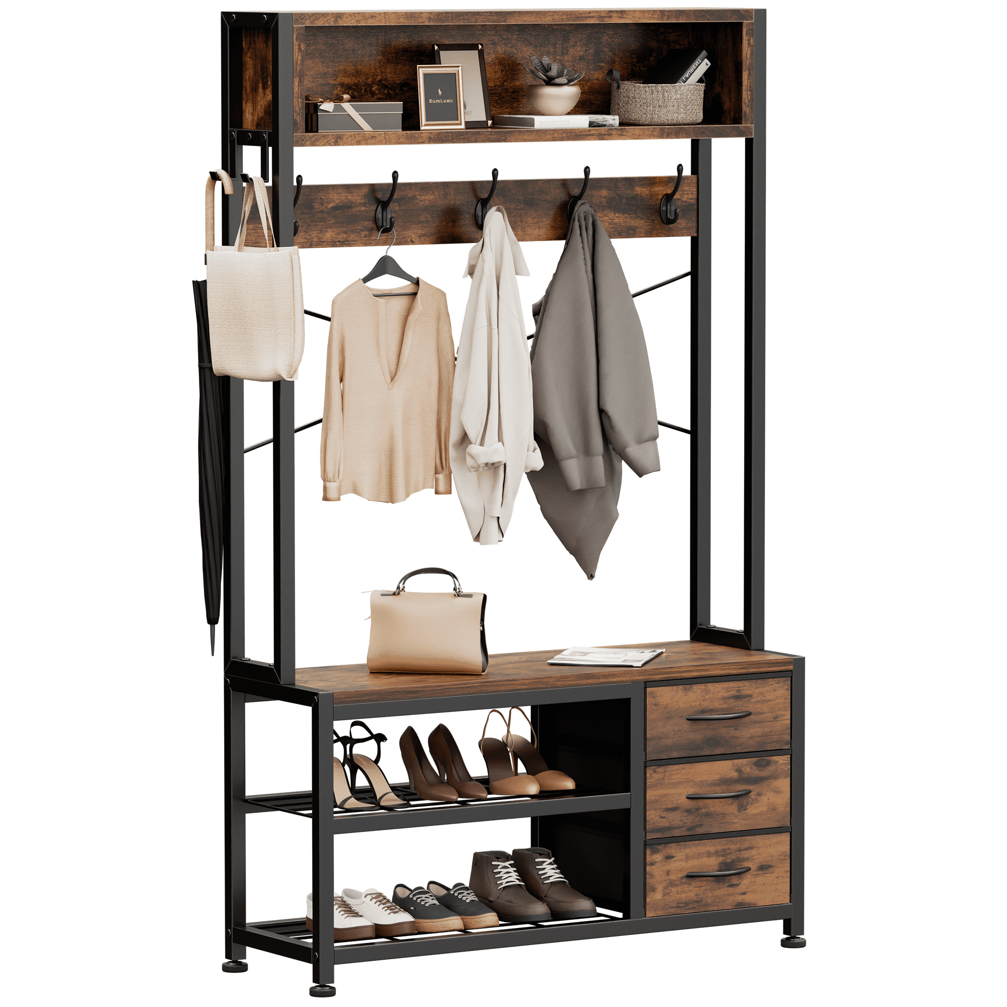 Industrial Hall Tree with Bench – 5-in-1 Entryway Organizer with 7 ...
