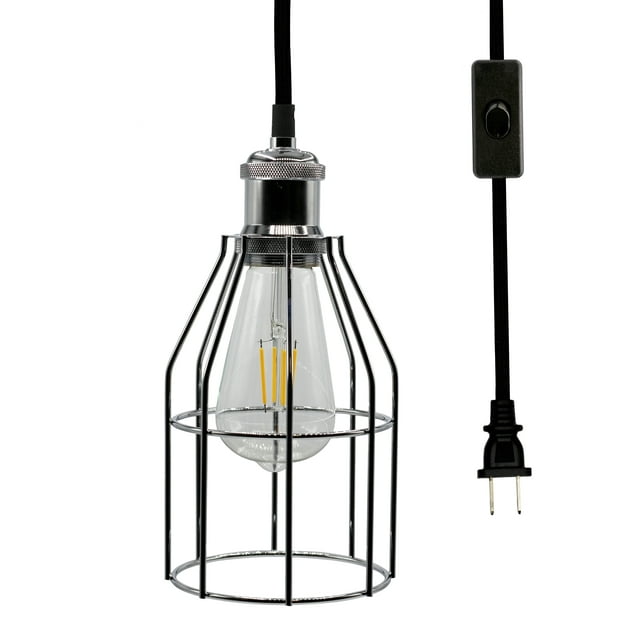 Industrial Hanging Pendant Light with Plug in Cord, Vintage Wire Cage ...