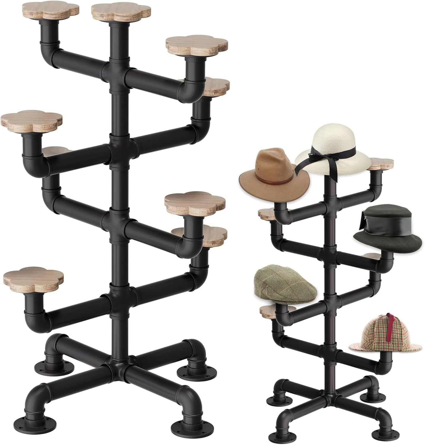 Industrial Hat Rack Stand, 4-Tier Freestanding Hat Display with Wooden ...