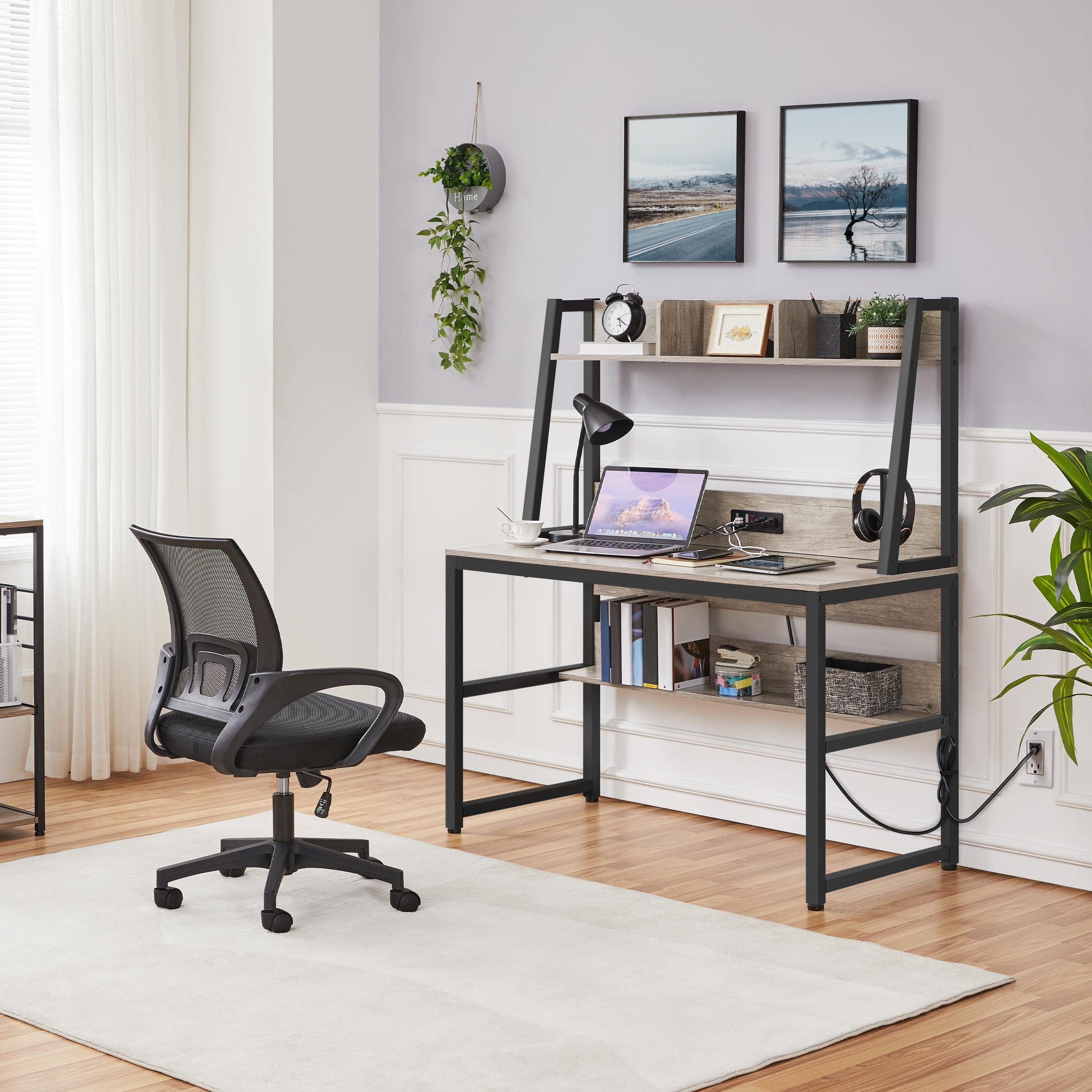 Industrial Home Office Desk with Power Outlet & Chair Set Ergonomic ...