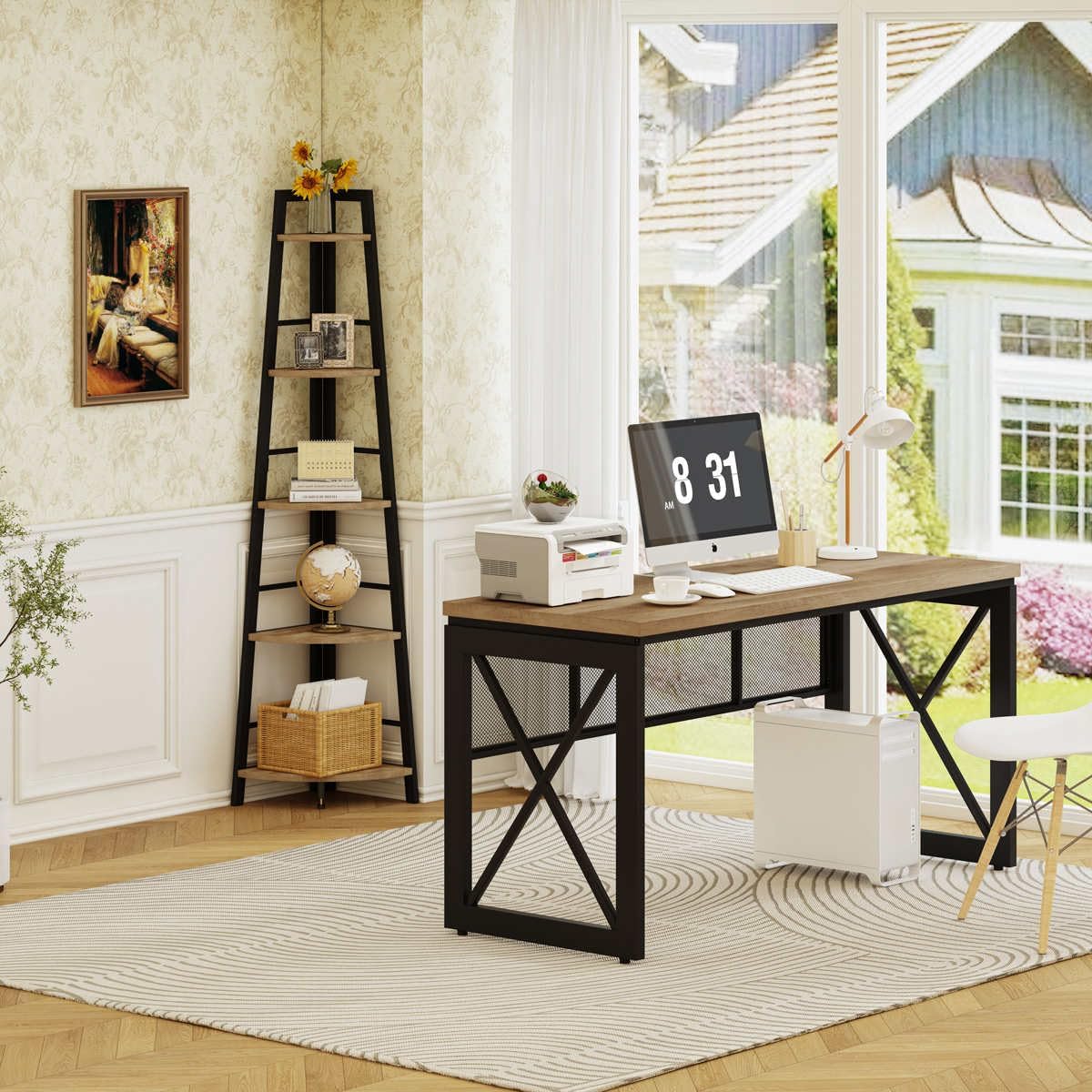 Industrial Home Office Desks, Rustic Wood Computer Desk, Corner Ladder ...