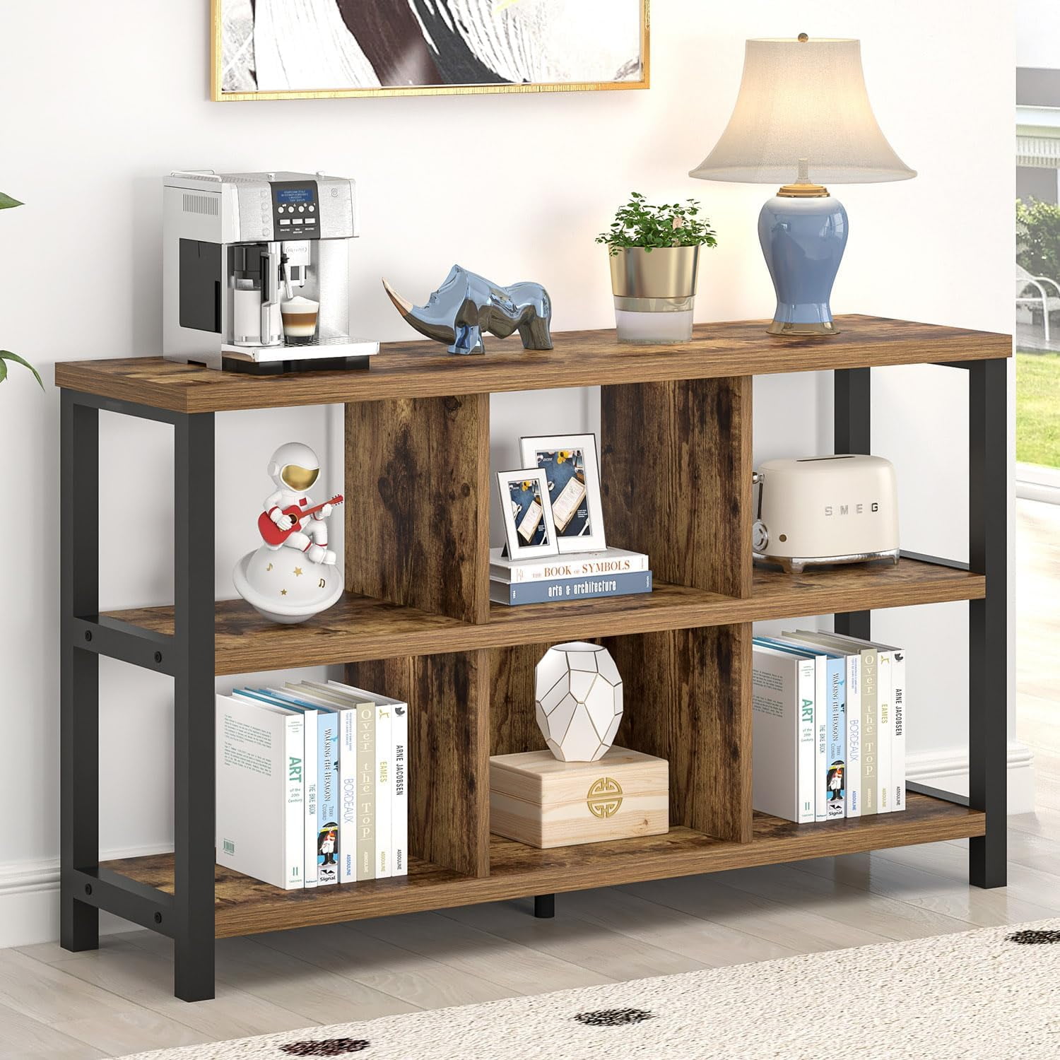 Industrial Horizontal Bookshelf, 6 Cube Storage Organizer with Shelf ...