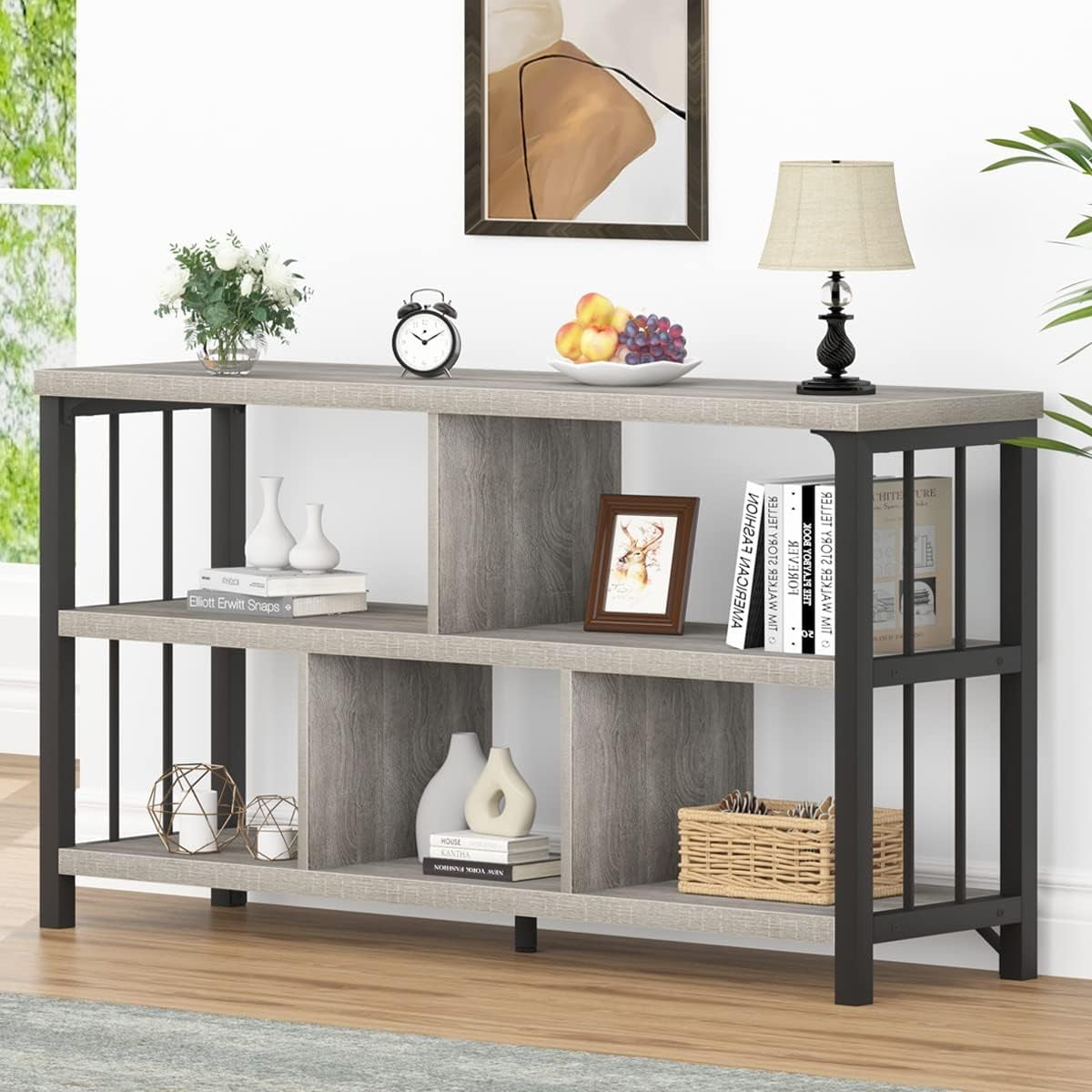 Industrial Horizontal Bookshelf, Modern 5 Cube Storage Organizer Open ...